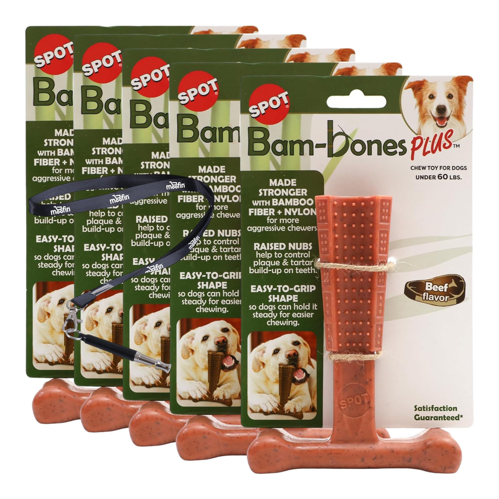 moofin Bam Bones for Dogs, Plus T Bone, 6 inch Chew Toy, Bundle SS Pet Training Whistle, Beef Flavored Dog Bones for Aggressive Chewers, Ideal for Dogs Under 60lbs~ [Pack of 5]