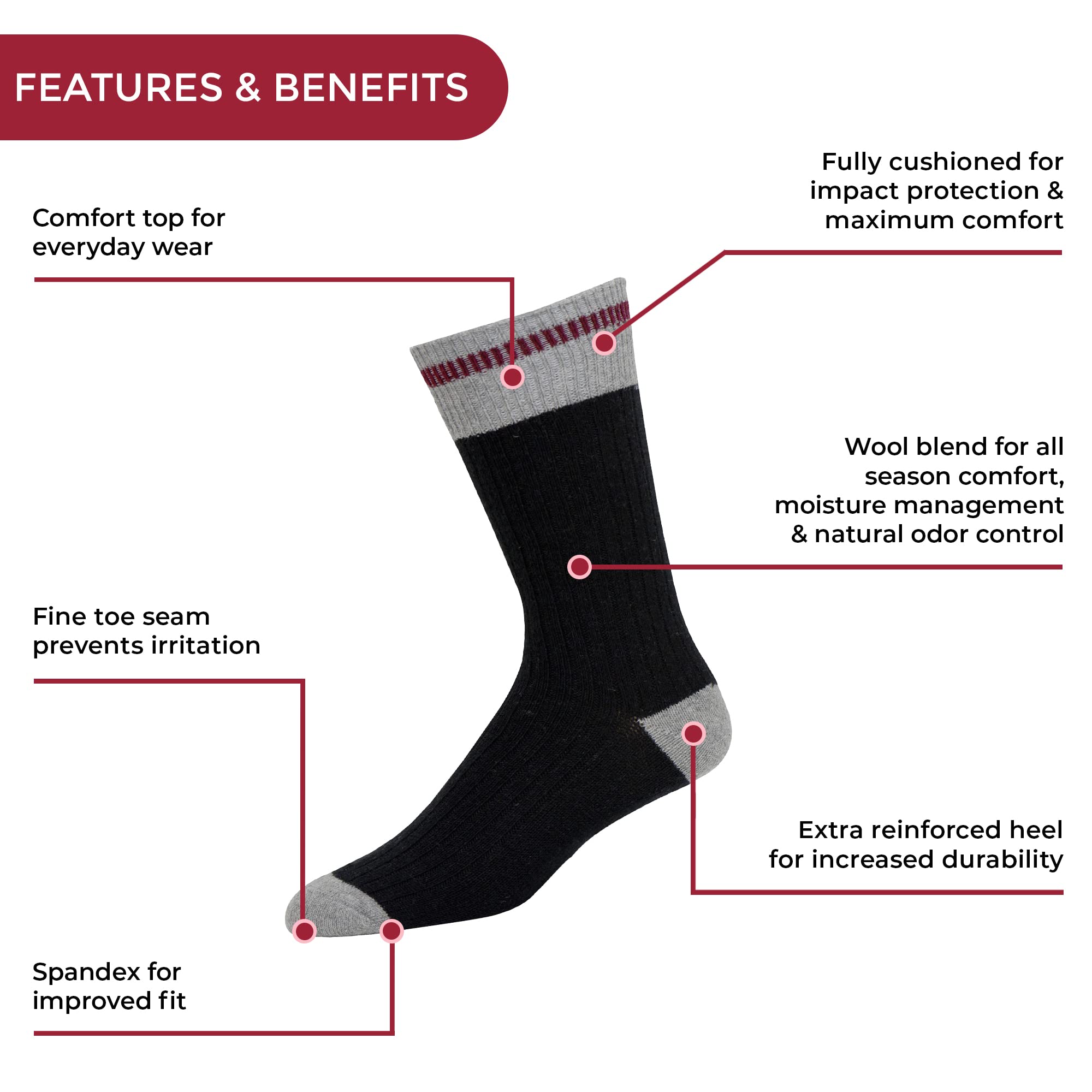 Kodiak Men's Heat Plus Thermal Crew Camp Ski Socks with Thick Brushed Cushioning, 2 Pairs, Size 7-12, Grey Red