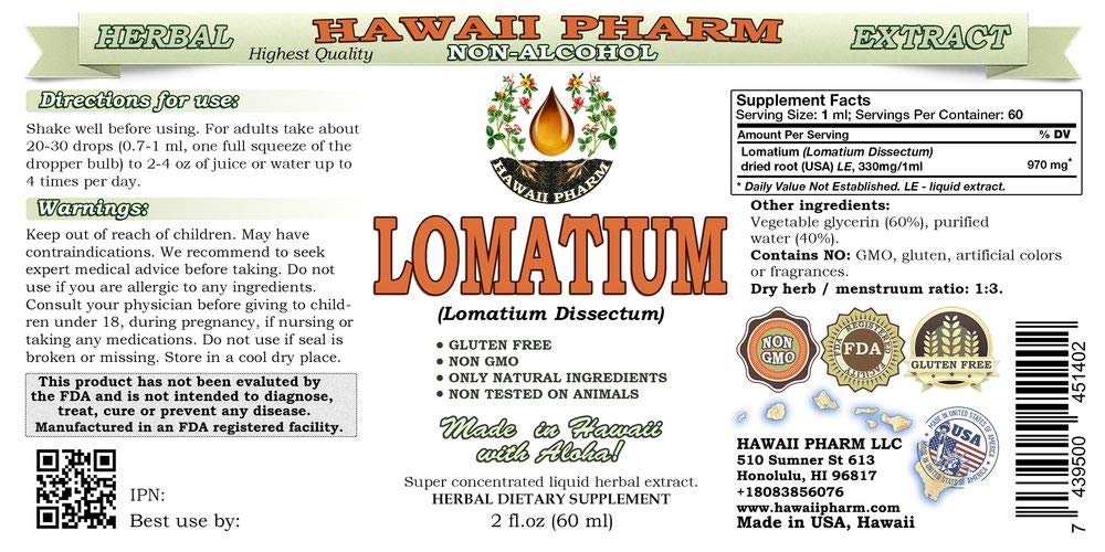 Hawaii Pharm Lomatium Alcohol-FREE Liquid Extract, Lomatium (Lomatium Dissectum) Dried Root Glycerite Natural Herbal Supplement 2 oz