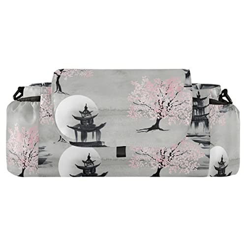 Kigai Cherry Blossom Trees Pagoda Baby Stroller Organizer with Cup Holders, Secure Hooks Accessories Adjustable Strap Stroller Bag for Bottle, Diaper, Phone, Toys, Baby Items