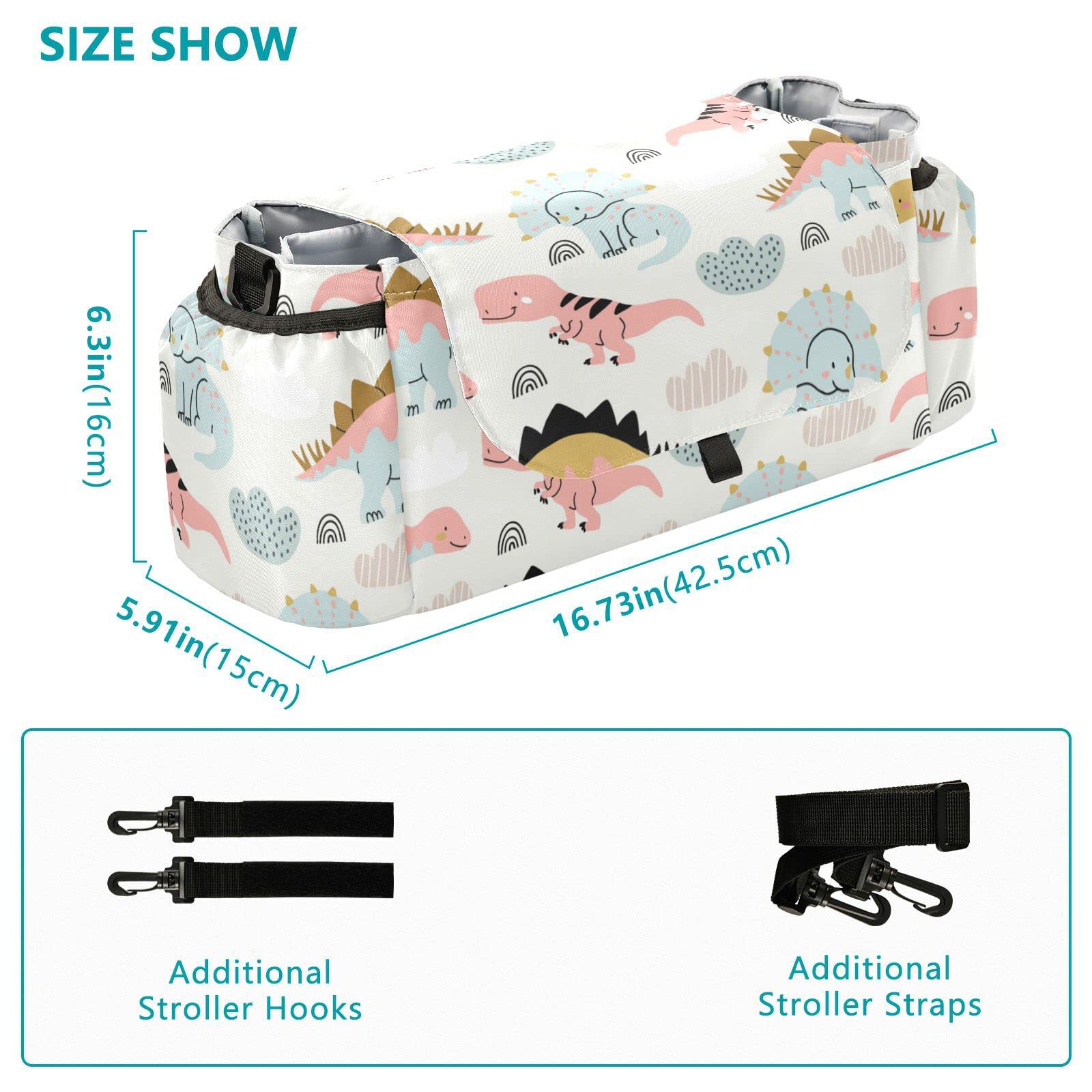 Kigai Cute Pink Dinosaurs Baby Stroller Organizer with Cup Holders, Secure Hooks Accessories Adjustable Strap Stroller Bag for Bottle, Diaper, Phone, Toys, Baby Items