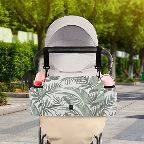 Kigai Green Tropical Palm Tree Baby Stroller Organizer with Cup Holders, Secure Hooks Accessories Adjustable Strap Stroller Bag for Bottle, Diaper, Phone, Toys, Baby Items