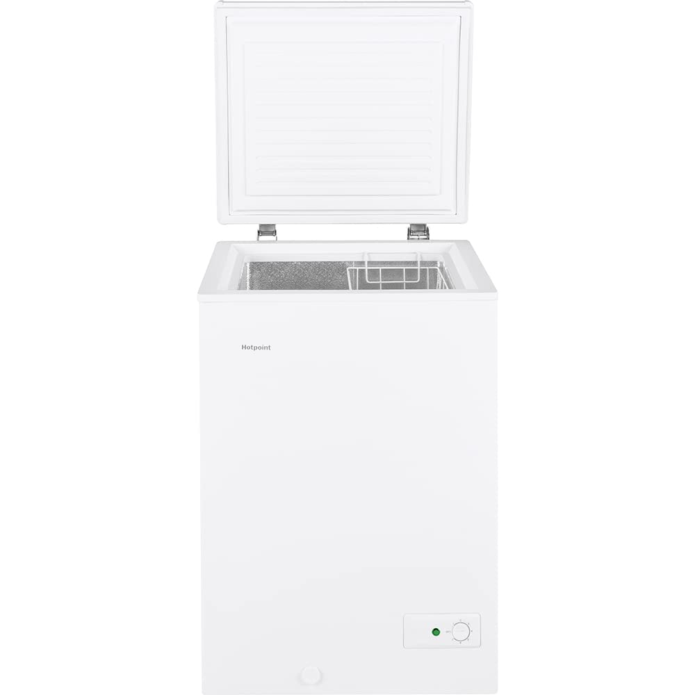 Hotpoint Chest Freezer | 3.6 Cubic Ft. | Complete With Quick Defrost Drain, Freezer Organizer Basket & Adjustable Thermostat | Upright Freezer for the Kitchen, Garage, or Basement | White