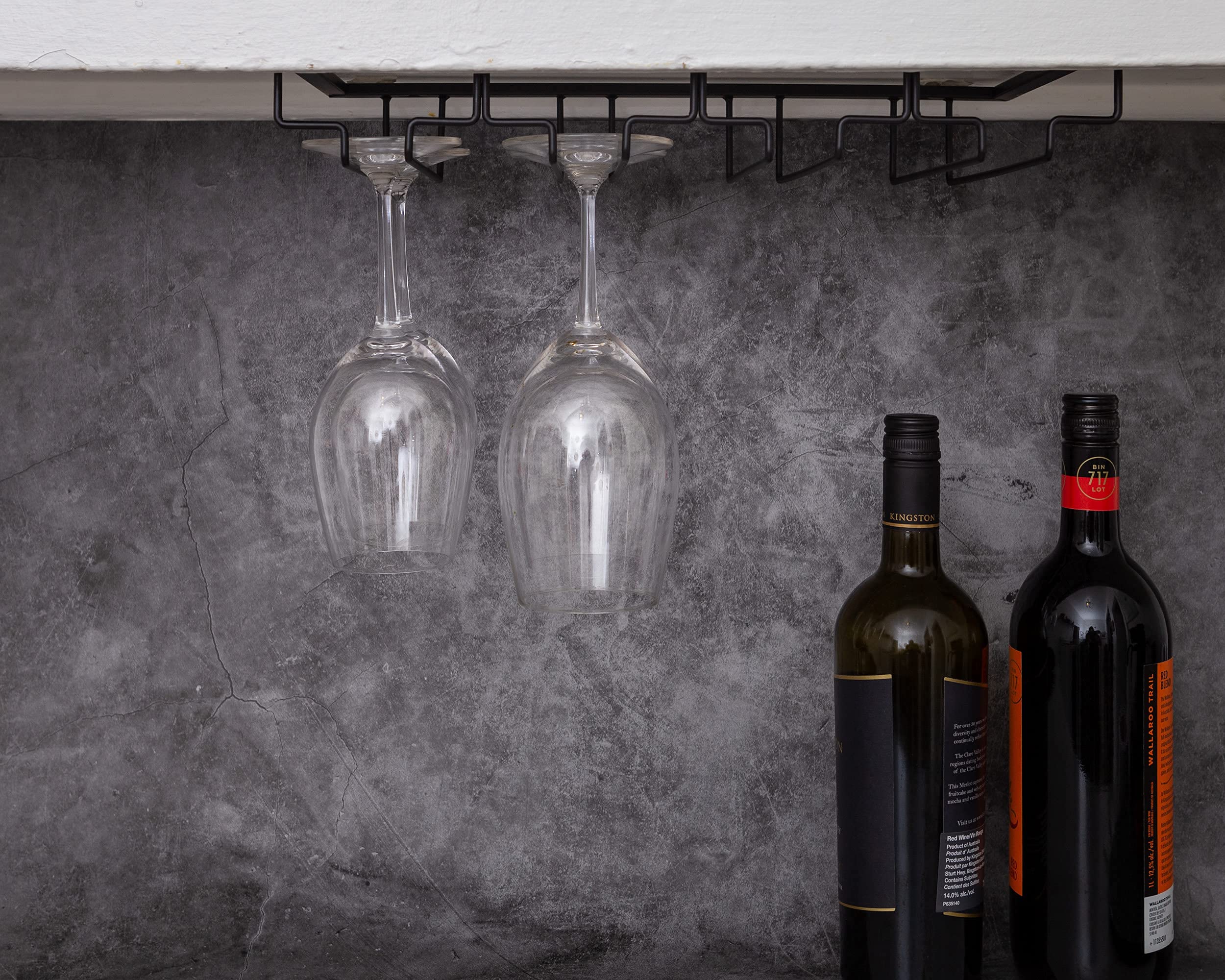 Karukera Wine Glass Holder Storage, Add an Organizer Stemware under a Floating Shelf or Cabinet to save Space, Perfect Metal Rack for your Kitchen, Bar or Countertop, with 2 Sets Mugs Holders