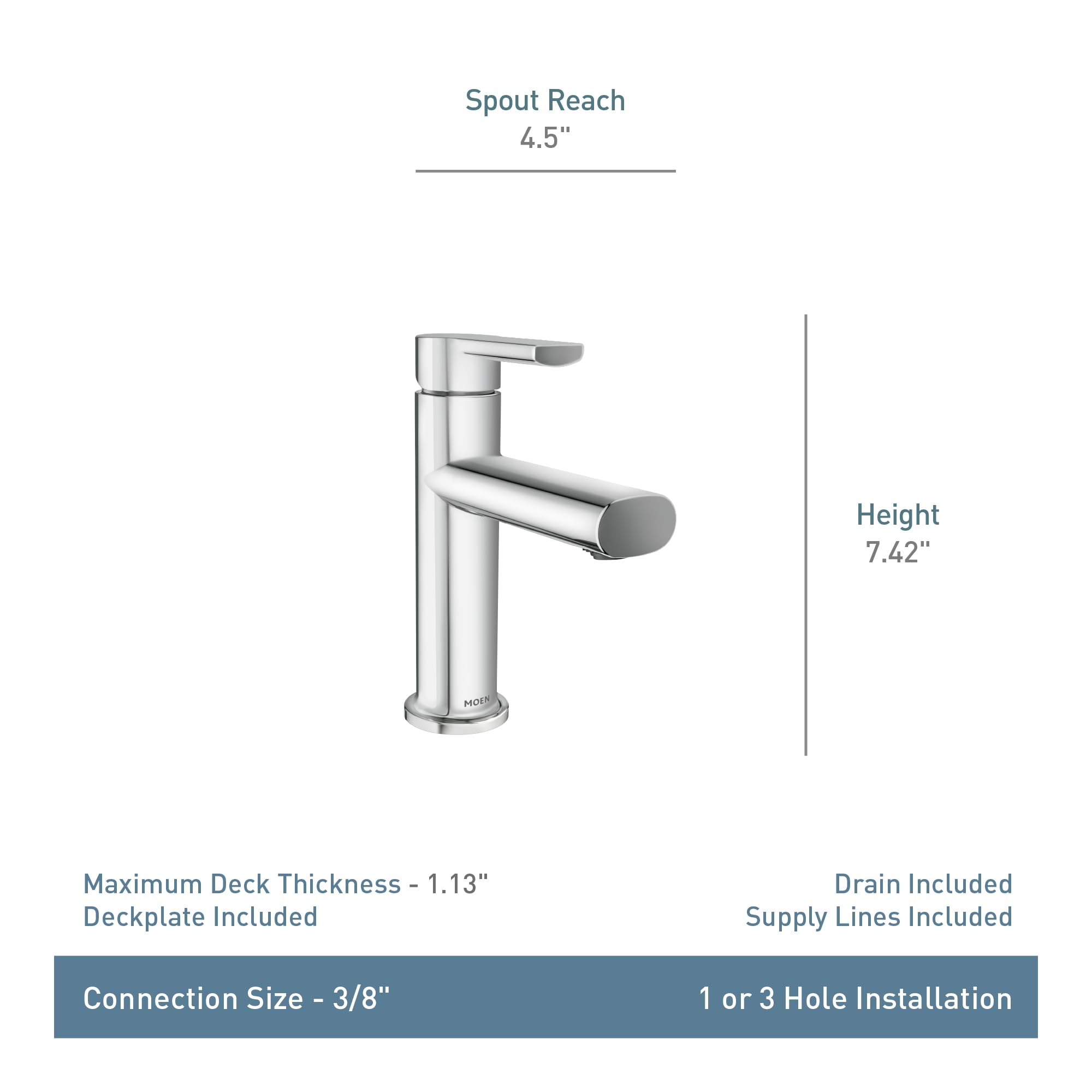 Moen Meena Matte Black One-Handle Single Hole Modern Bathroom Sink Faucet with Optional Deckplate and Drain Assembly, 84794BL