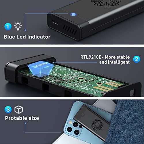 M.2 NVME SSD Enclosure with Cooling Fan, 10 Gbps USB C 3.2 Gen 2 PCIE NVME Adapter, 6Gbps SATA, M.2 Reader with Aluminum Case Support UASP Trim for PCIe M-Key(B+M Key) SSD 2242/2260/2280
