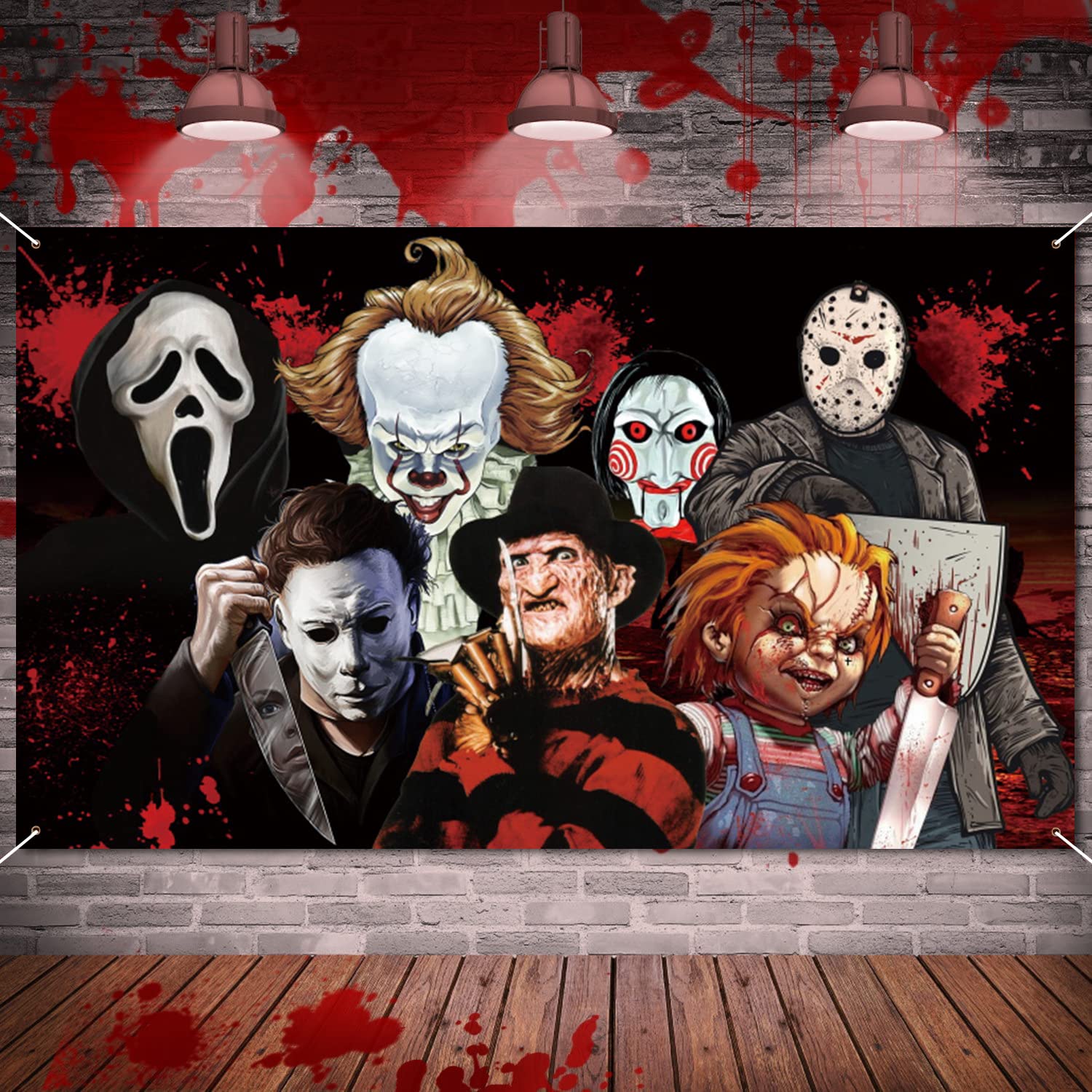 Horror Party Decorations, Horror Classic Movie Character Photo Backdrop Large Horror Birthday Background Supplies for Kids Adults Halloween Christmas Decorations Photo Booth Props Wall Hanging Decor