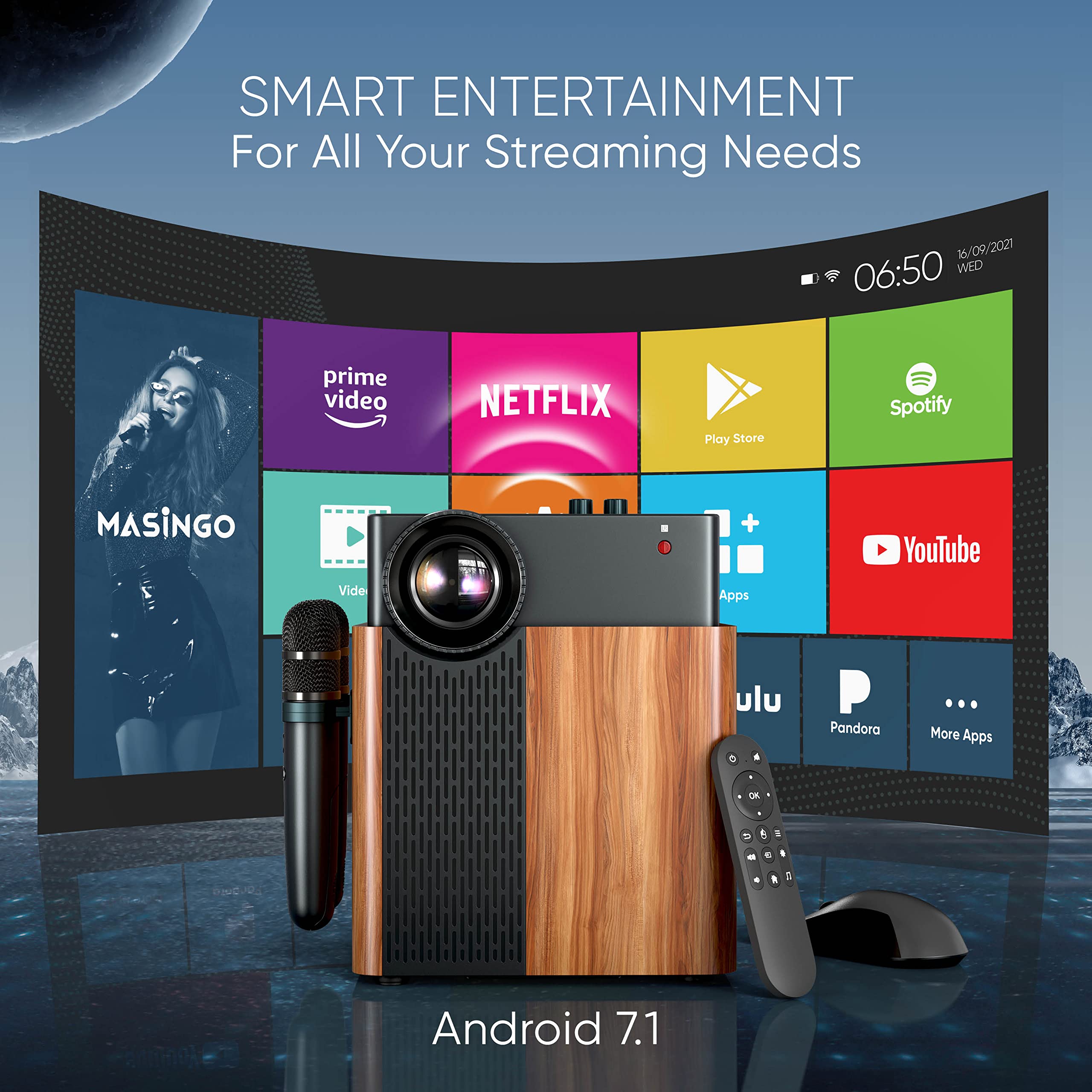 MASINGO New 2022 4-in-1 Portable Karaoke Machine with Smart 1080p Projector with WiFi, Speakers & 2 Wireless Microphones. Built-in Android System for Lyrics Display Apps, Netflix, YouTube, etc. - Q4