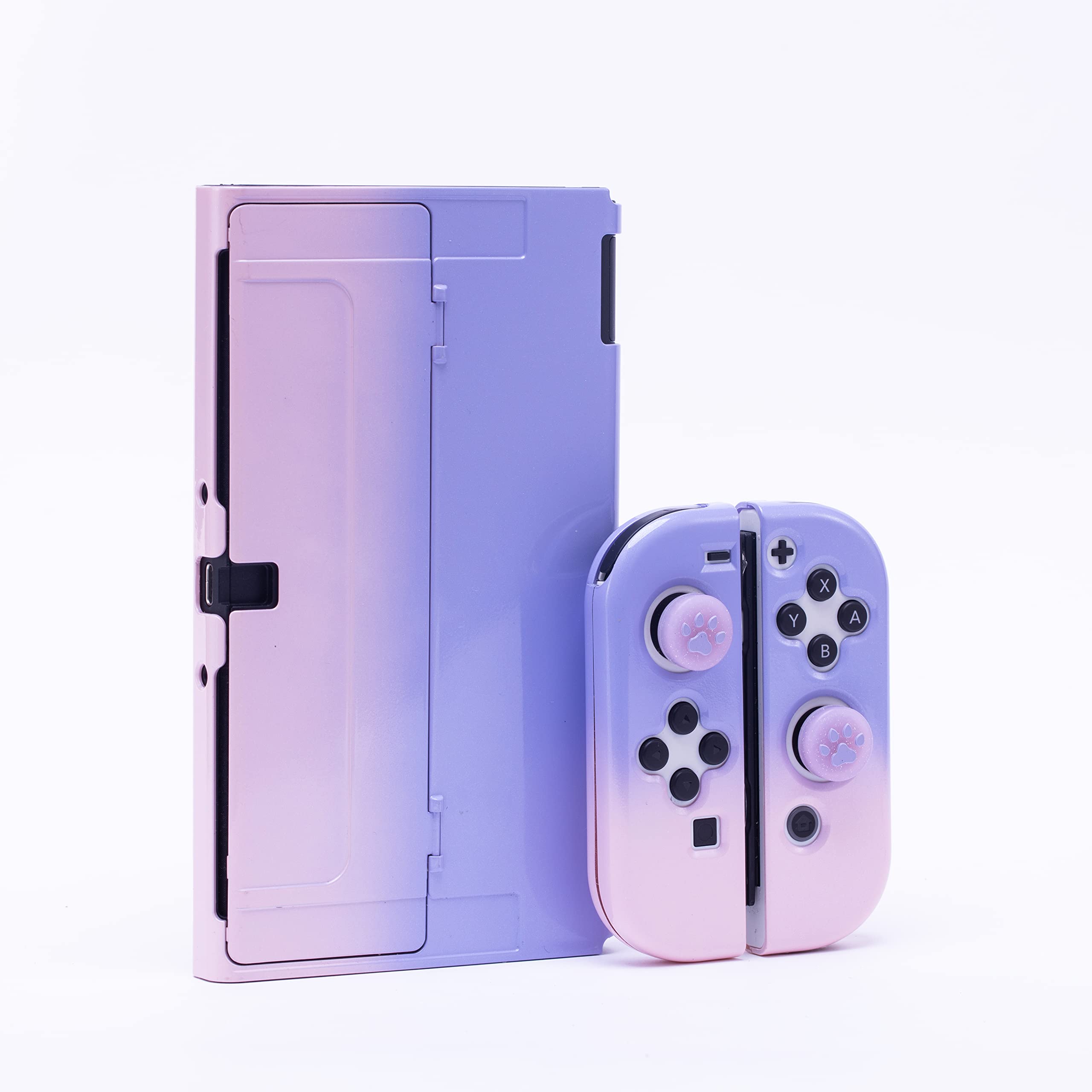 Kawvisy Dockable Case Compatible with Switch OLED Model, Hard PC Cover for Switch OLED and Joy Con Controller, Protective Case with Screen Protector and 4 Thumb Grip Caps (Purple and pink)