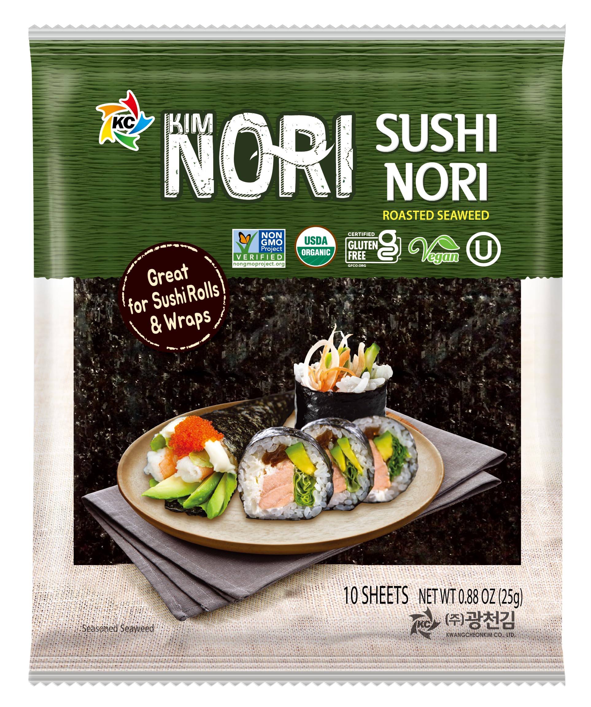 KIMNORI Sushi Nori Seaweed Sheets â 10 Full Size USDA Organic Yaki Roasted Rolls Wraps Snack 100% Natural Laver Gluten Free No MSG Non GMO Vegan Kosher 25 Gram 0.88 Ounce êč ăźă æ”·è 玫è