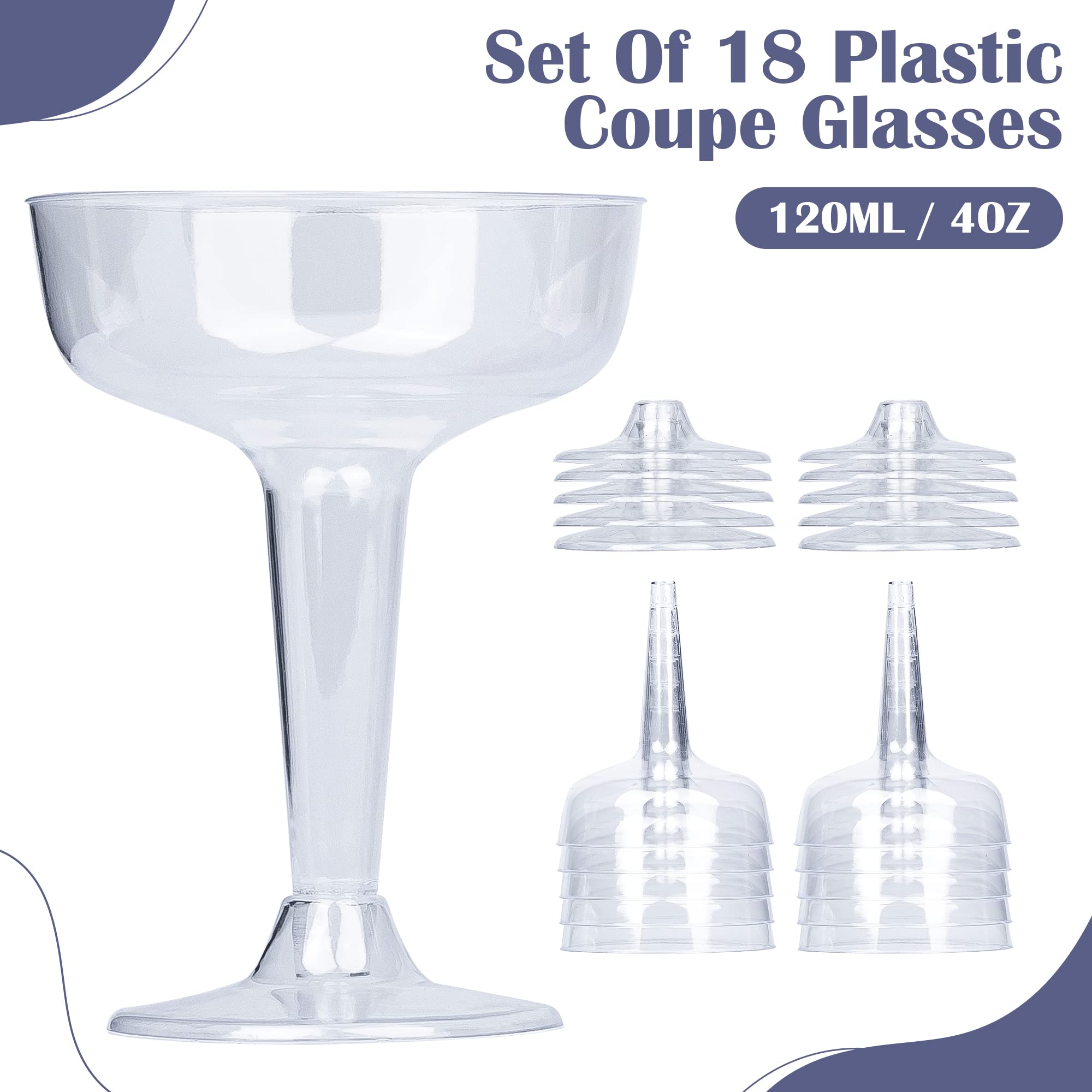 ISKYBOB 18 Pieces Plastic Coupe Glasses Set, Disposable Champagne Glasses Cocktails Cups 120ml / 4oz Clear Champagne Tower Bulk for Wedding, Parties
