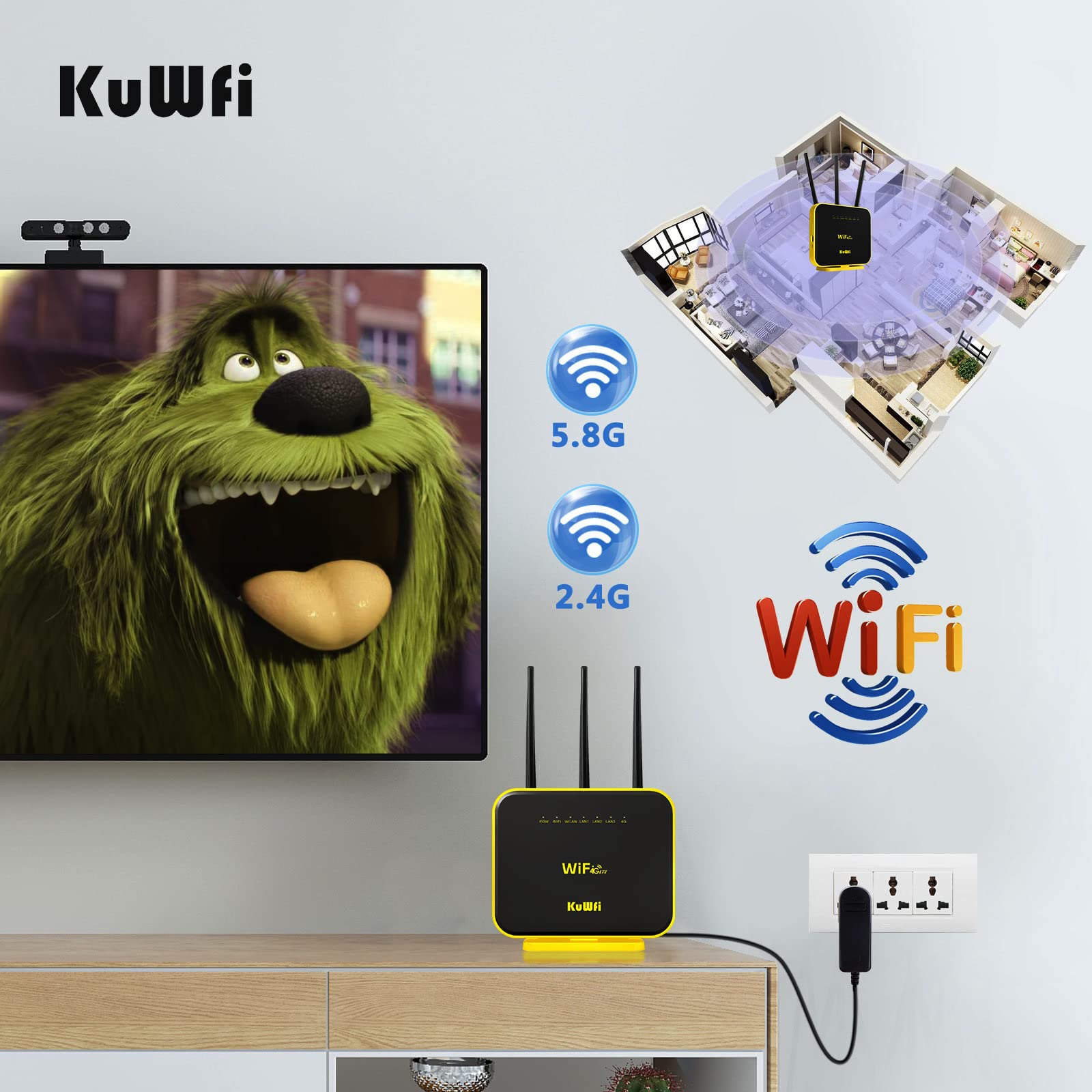 KuWFi vSIM Hotspot 4G LTE Router 1200Mbps Dual Band Gigabit WiFi External Antenna with US 2GB Data vSIM Router Offer high-Speed Data Plans to accommodate RV orRural No Contract Plug and Play