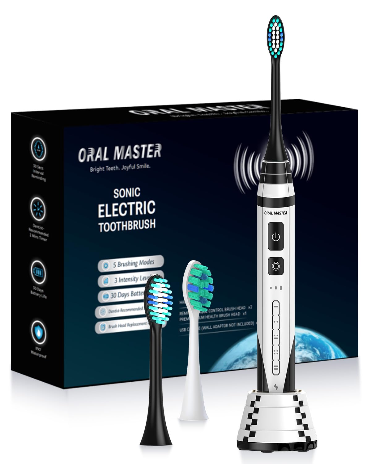 ORAL MASTER Kids Electric Toothbrush with Sonic Motor, 5 Cleaning Modes, Smart Timer, Rechargeable Wireless Charging, Soft Bristle Replacement Brush Heads for Ages 3 and Up