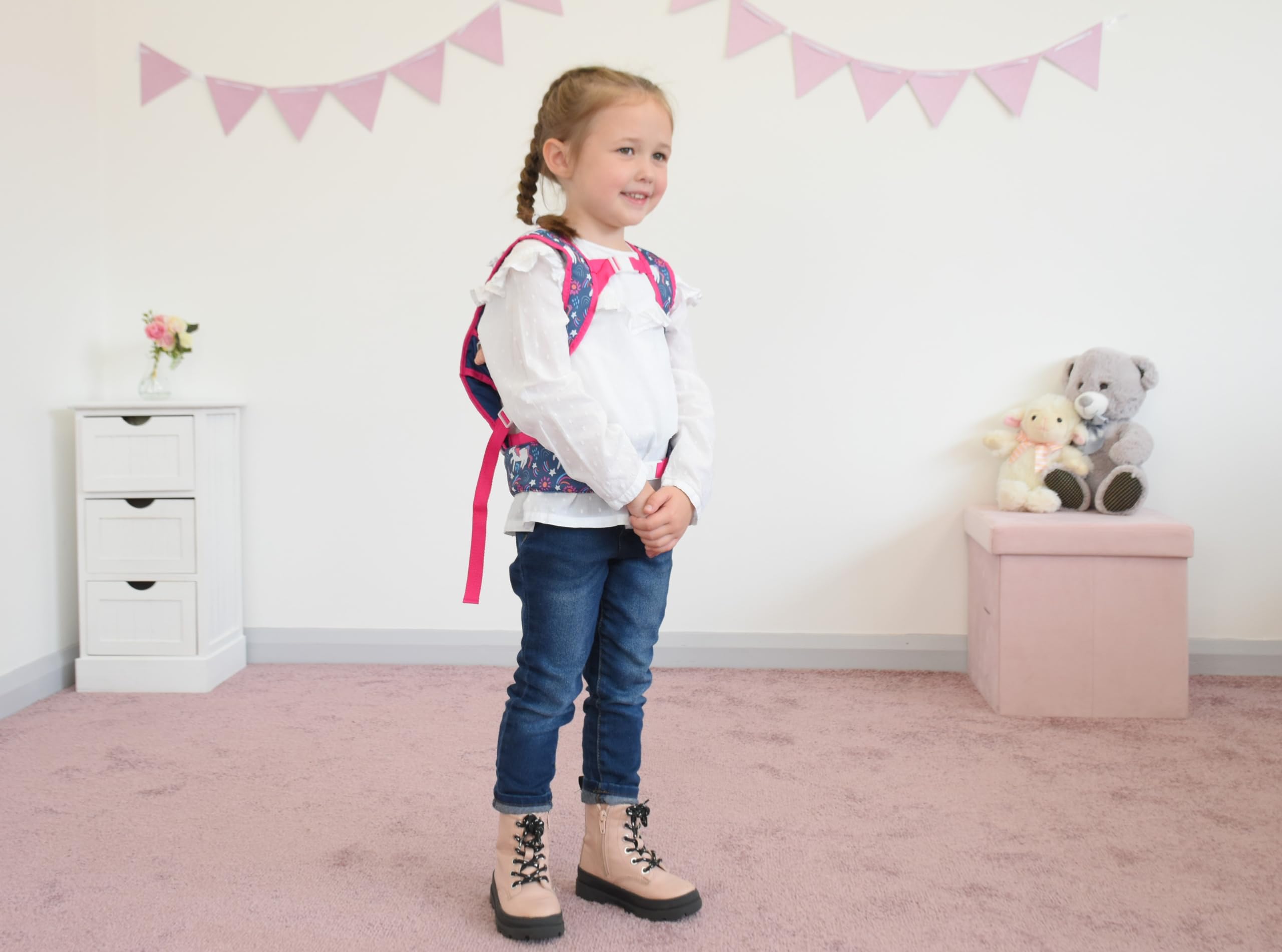 KOOKAMUNGA KIDS Baby Doll Carrier - Adjustable Straps to Fit All w/Comfort Padding - Works as a Front Doll Carrier or Doll Backpack Carrier - Soft Headrest - Ideal for Dolls Up to 18” - Navy Unicorn