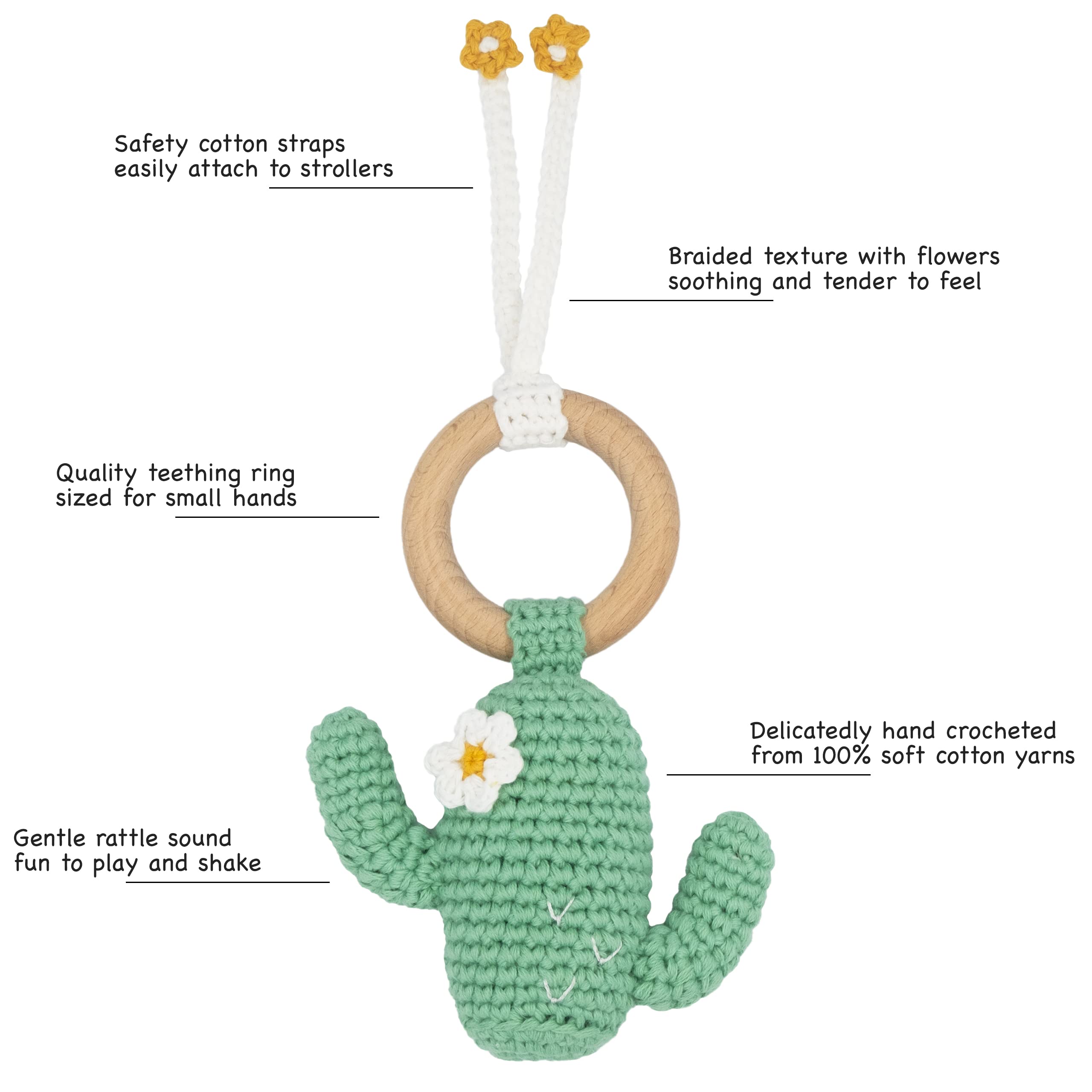 Joliecraft All Adorables Wooden Baby Rattle Crochet Hanging Toy with Teether Ring for Infants 0 3 6 9 12 Months, Cactus
