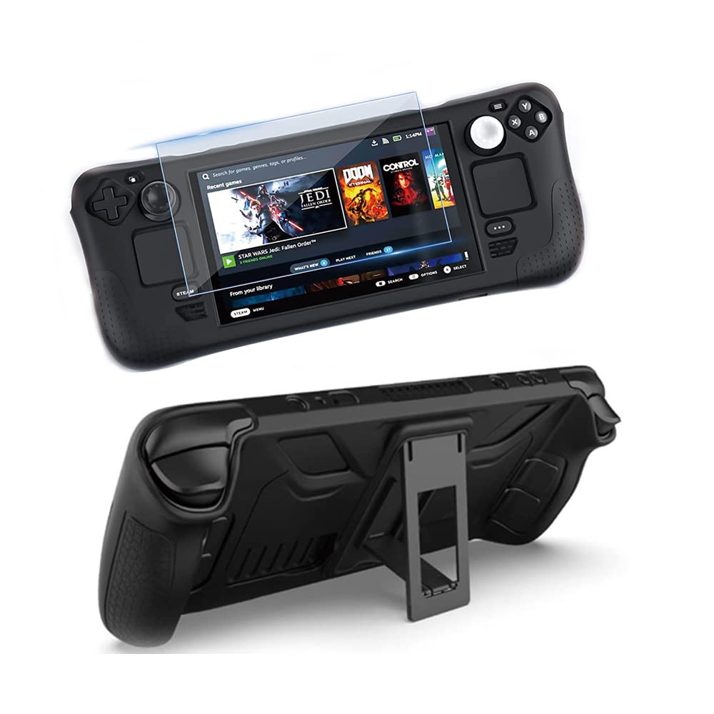 Kickstand Protective Case for Steam Deck, PC/TPU Cover Protector with Stand Base, Protective Cover Case Compatible with Valve Steam Deck Shock-Absorption, Non-Slip and Anti-Scratch Design (Black)