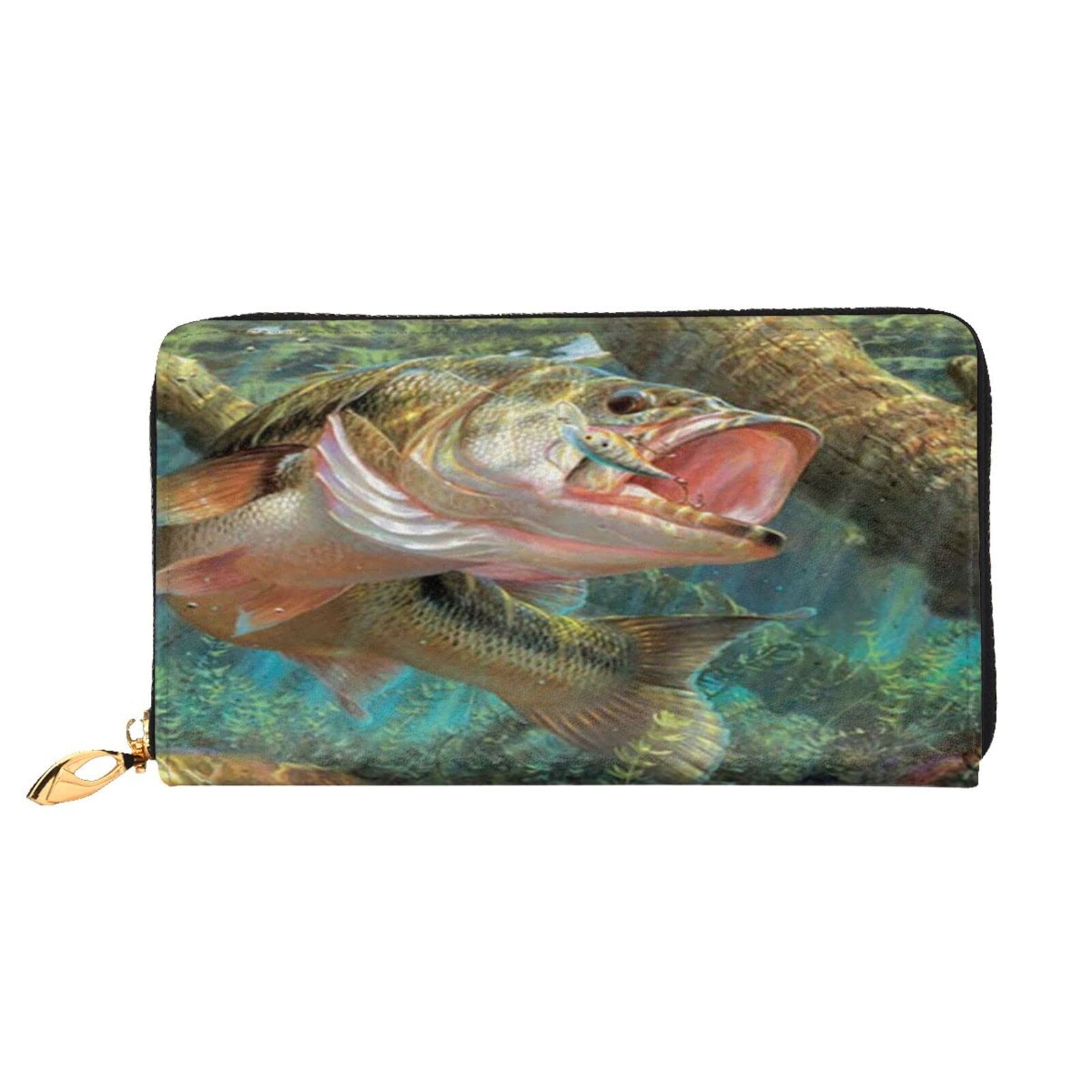 Long Handbag Purse Wristlet Bag Card Holder Wallet-Bass Fish Jumping Hook Leather Wallet for Women Men