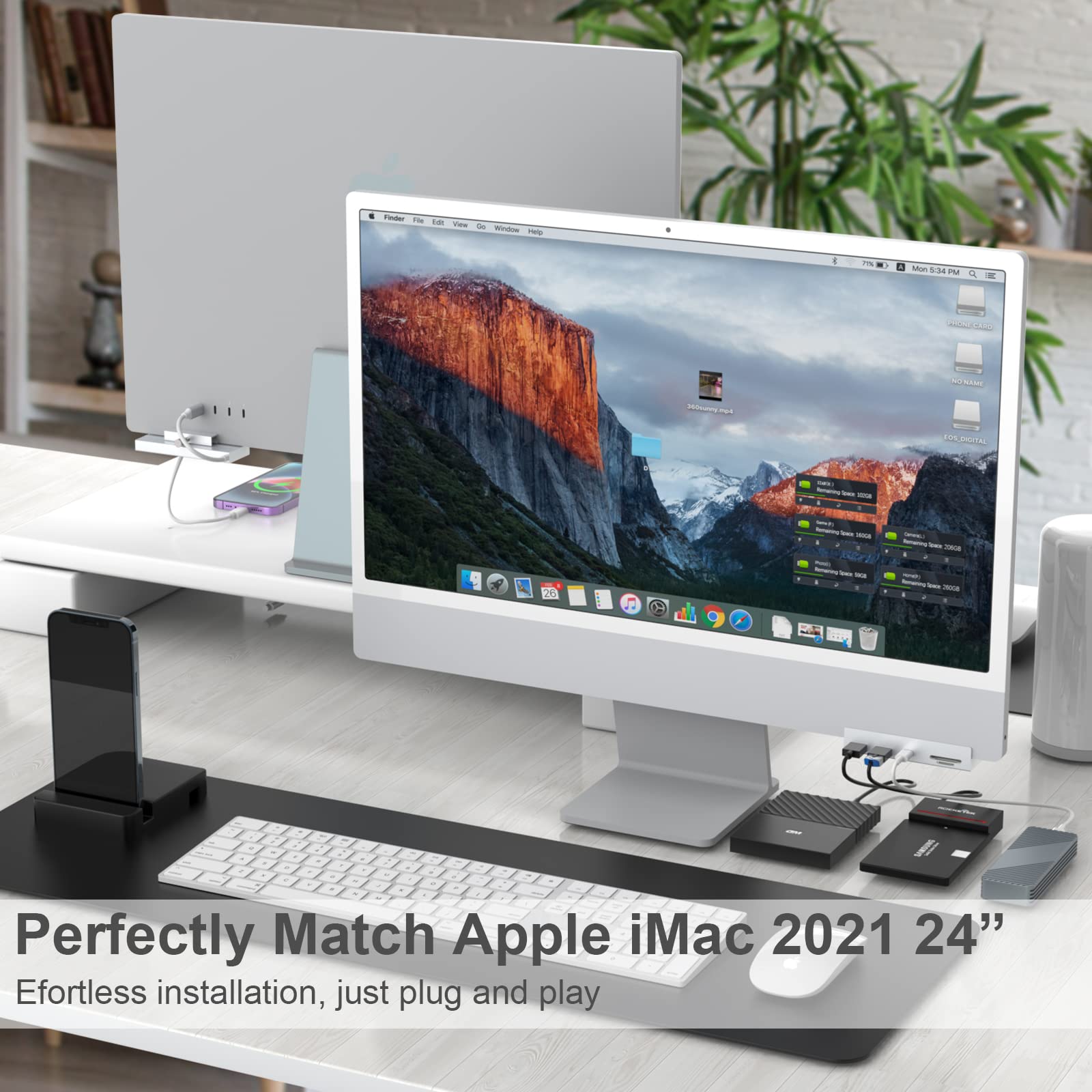 iMac USB C Hub Adapter 10Gbps, 5 in 1 USB C Hub for iMac 2021 USB-C Clamp Hub USB C Docking Station iMac Accessories with 10Gbps USB C Port, 2 USB A 10Gbps Data Ports, TF/SD Card Reader for iMac
