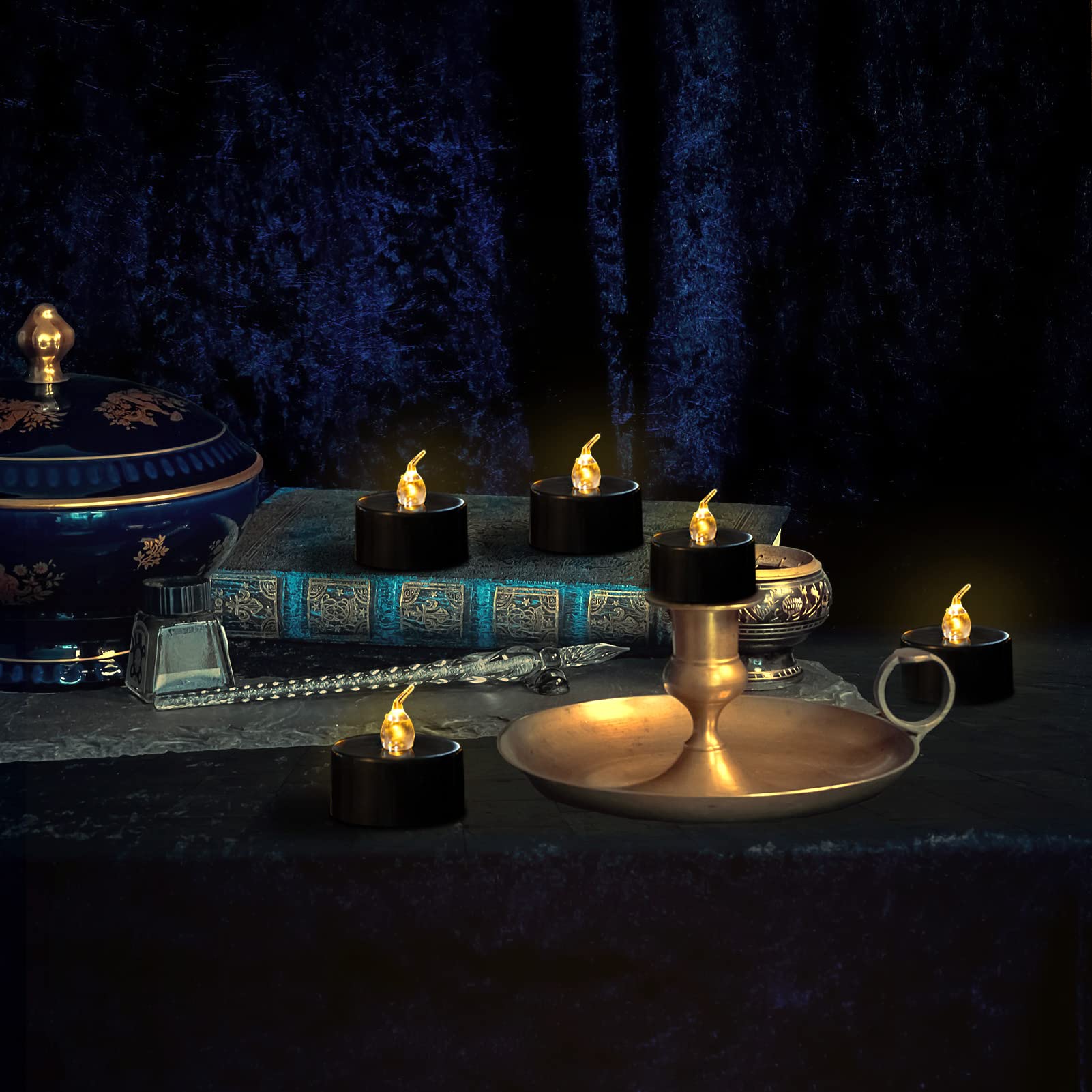 LANKER 24 Pack Black Tea Lights Candles β Flickering Warm Yellow Lights Flameless LED Candles β Long Lasting Battery Operated Fake Candles β Decoration for Wedding, Halloween and Christmas