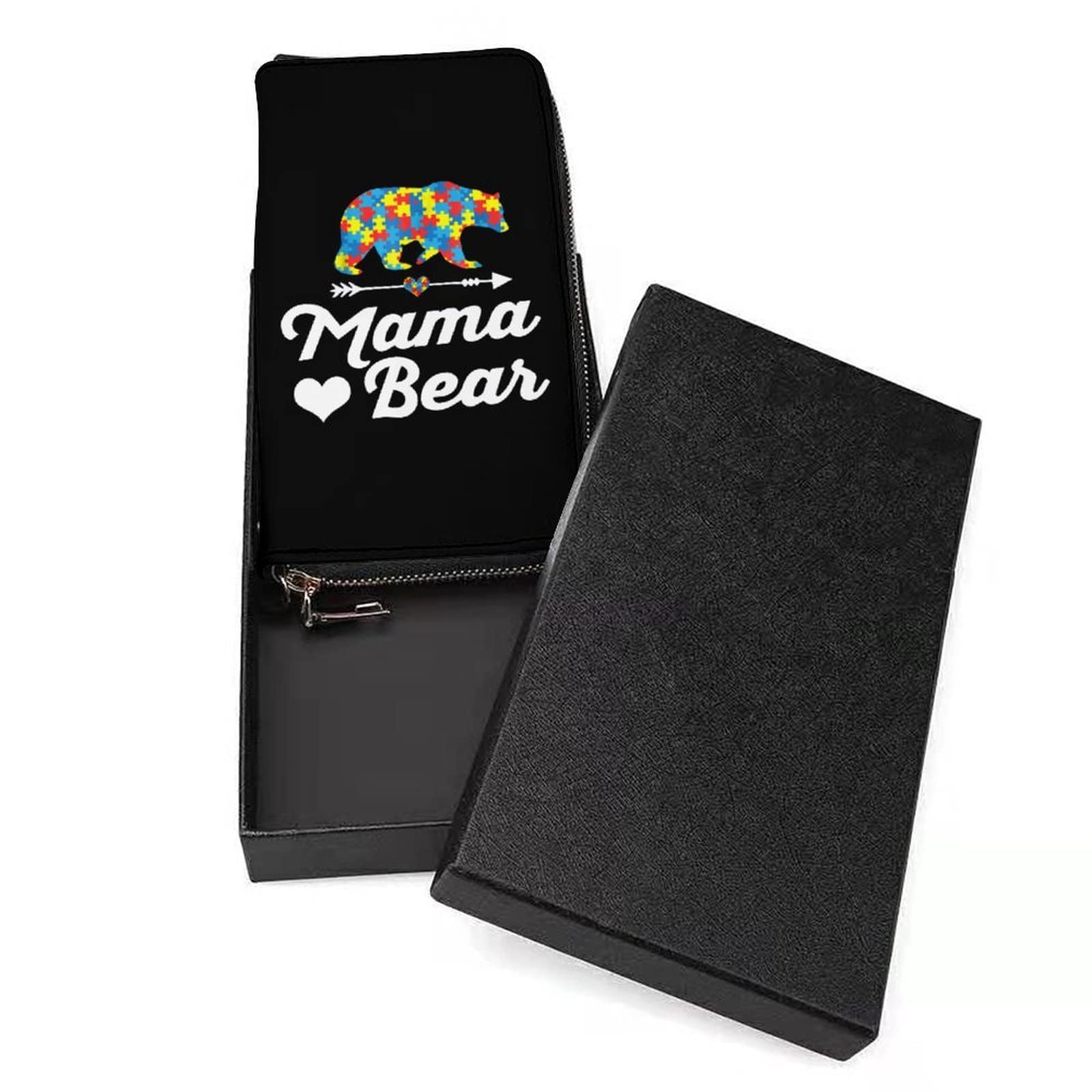 Mama Bear Autism Awareness PU Leather Vertical Wallet Zipper Long Clutch Purse Fashion Handbag with Wristlet Strap for Women