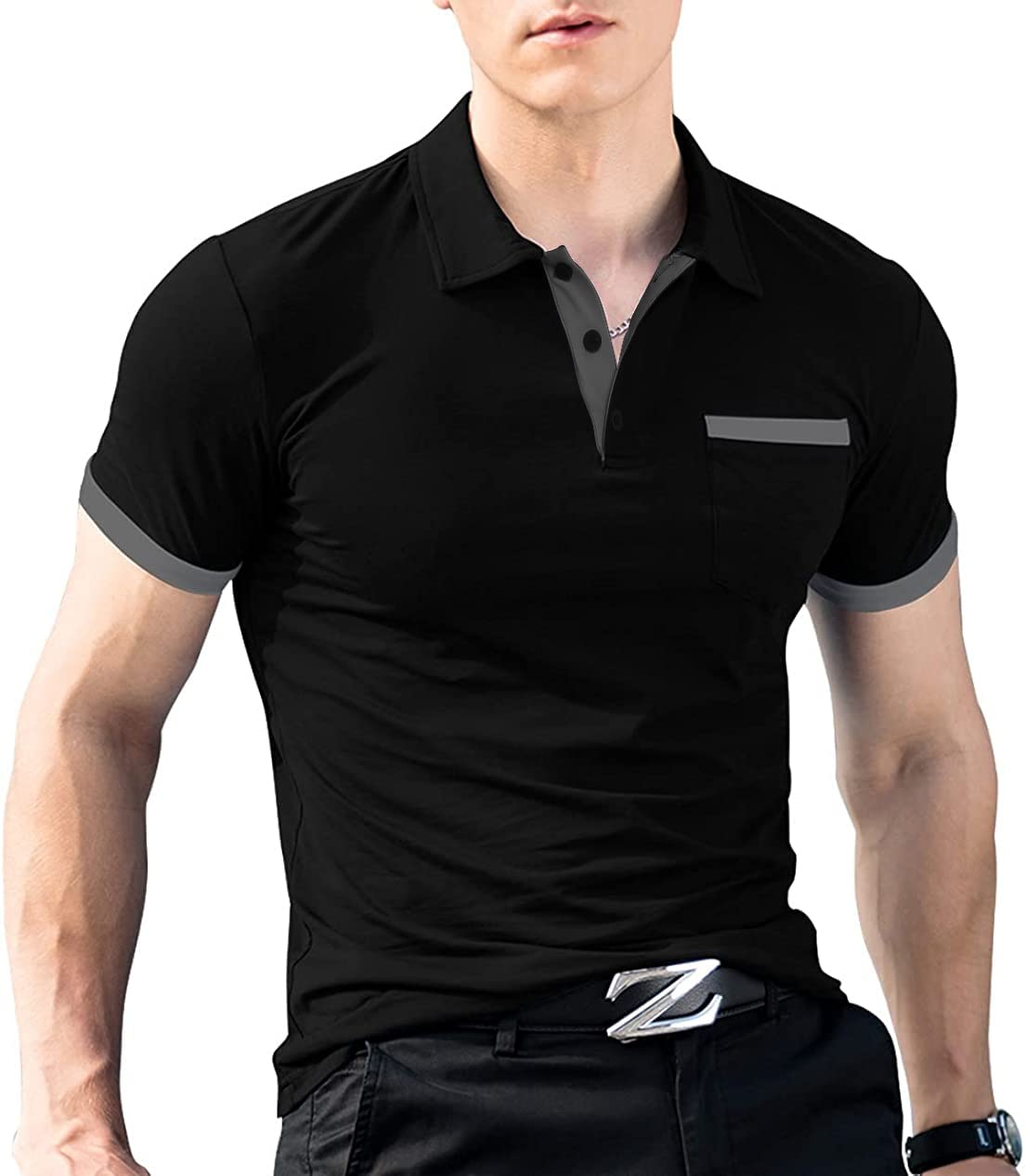 kuboyee Mens Slim Fit Polo Shirt Short Sleeve Casual Cotton Golf T-Shirt with Pocket Basic Solid Color Summer Tops,Orange,Large