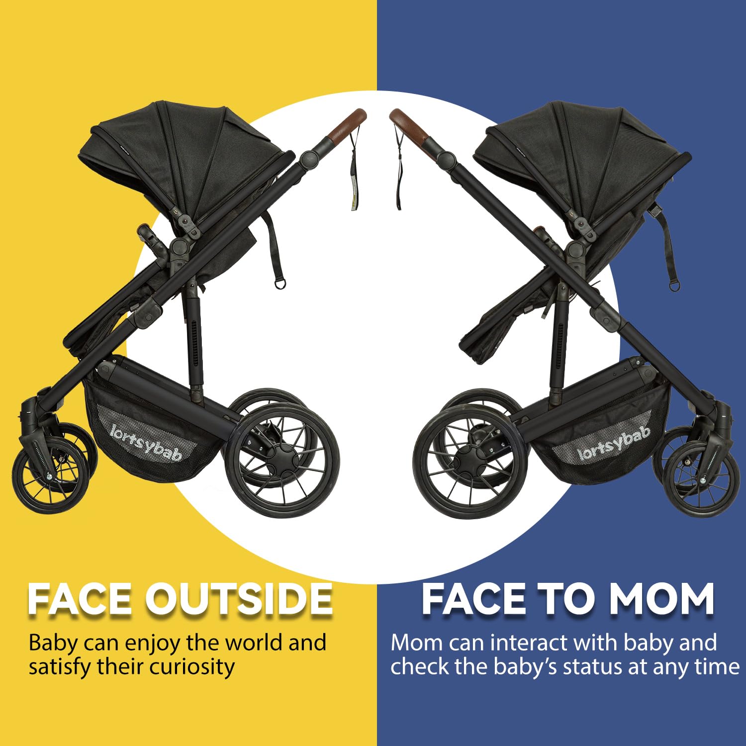 LORTSYBAB 2 in 1 Convertible Baby Stroller, High Landscape Infant Stroller w/Reversible Seat, Adjustable Backrest & Canopy, Newborn Reversible Bassinet Pram Strollers, Black