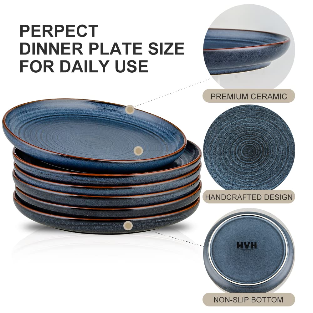 HVH Porcelain Dinner Plates Set of 6, 10.25 inch Ceramic Plates Set, Large Dinner Plates Set for Dinner, Salad, Ceramic Dinner Plates, Healthy Dinner Plates Set of 6, Farmhouse Style (Black)