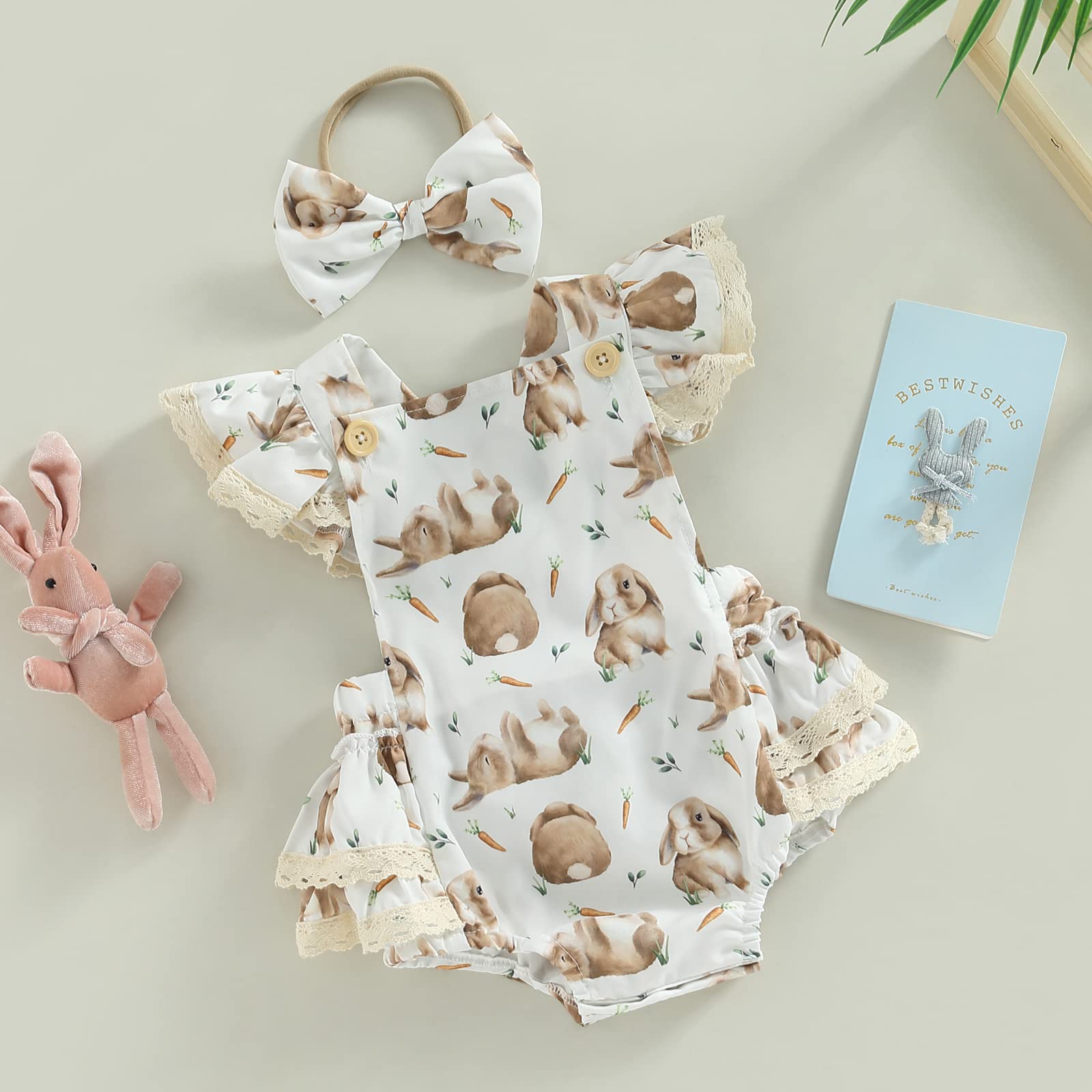 Newborn Infant Baby Girl Easter Outfit Bunny Romper Lace Sleeveless Bodysuit Jumpsuit Headband Summer Clothes White 18-24 Months