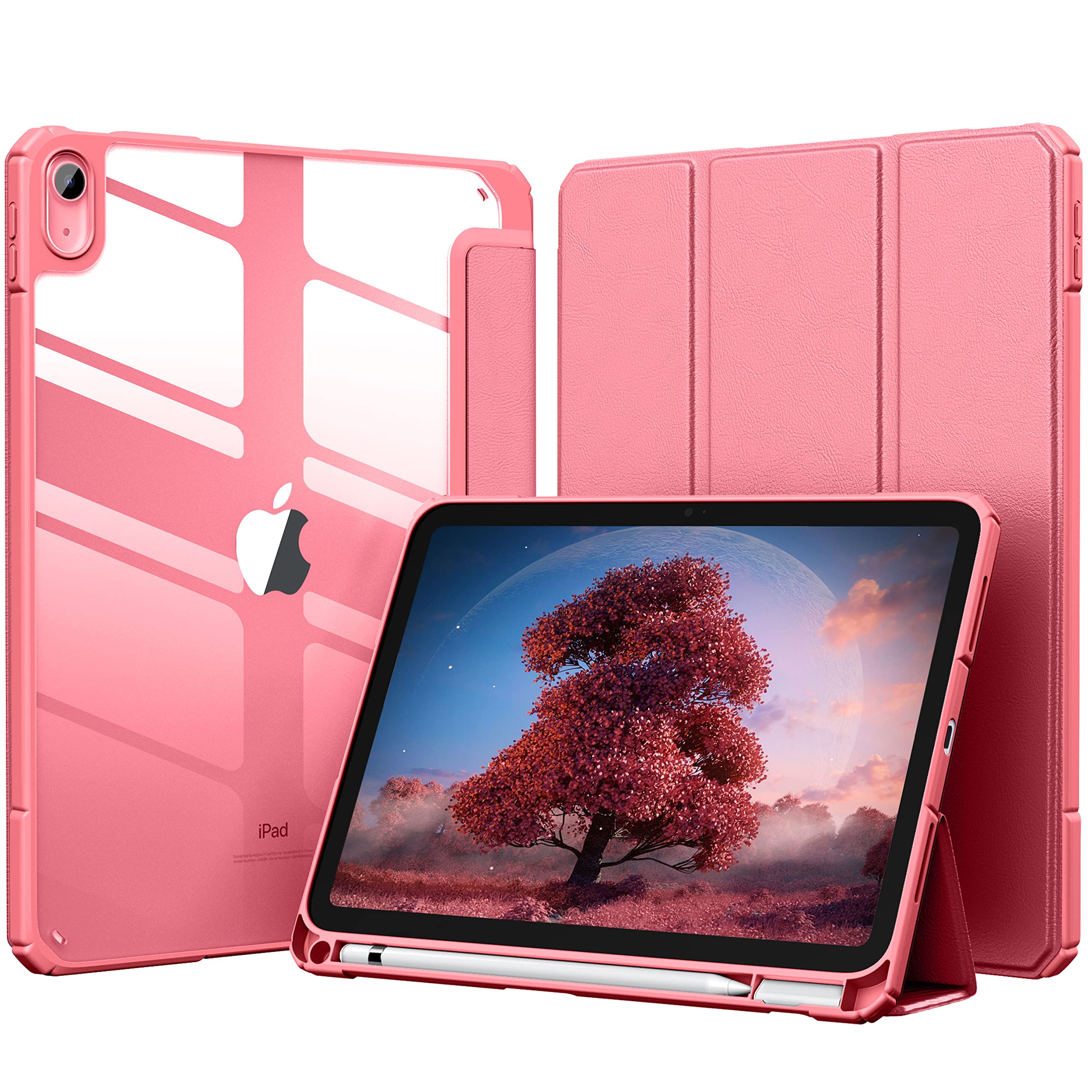 Mastten Compatible with iPad 10th Generation Case with Pencil Holder, iPad 10.9 Case with Clear Transparent Back Shell, Auto Wake/Sleep, Shockproof Slim Cover for iPad 10 Gen 10.9 Inch 2022, Leaf Red