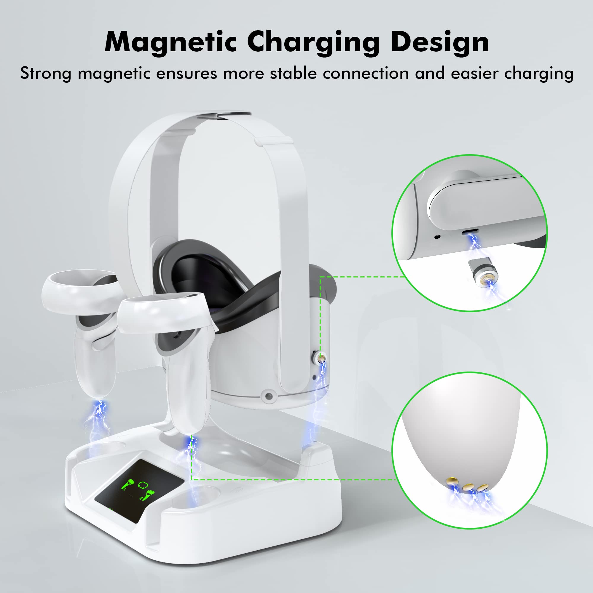 Kuject Charging Dock for Quest 2 with LED Display, Compact Charging Station for VR Headset and Controllers, Magnetic Charging Stand Accessories with 2 Rechargeable Batteries, USB-C Charger and Cable