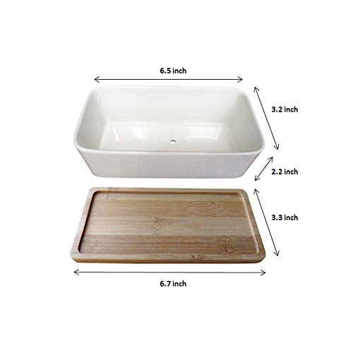 LANKER 6.5 Inch Rectangle White Ceramic Succulent Planter Pot Decorative Cactus Plant Pot Flower Container with Bamboo Tray (Rectangle 6.5 Inch)