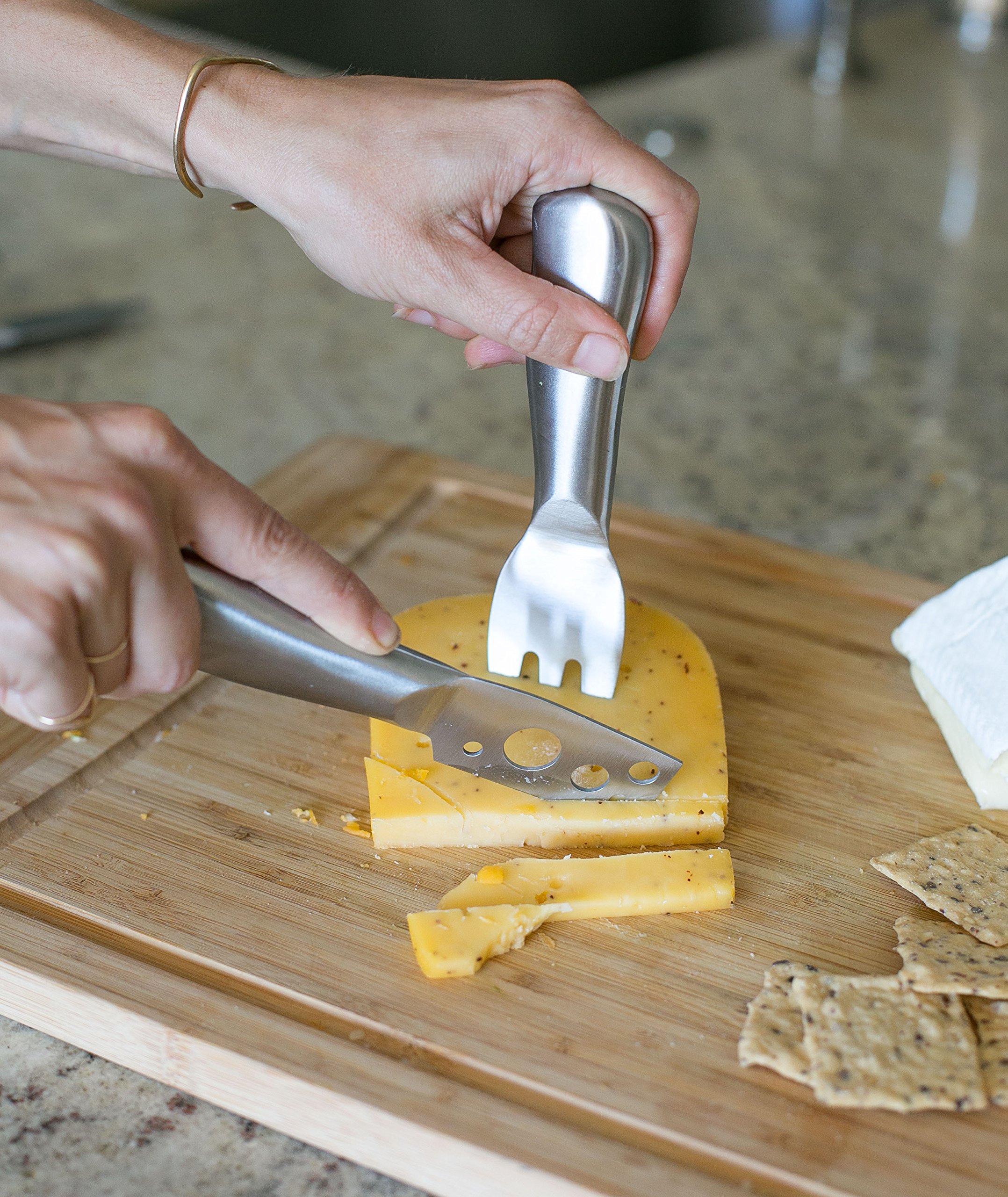 Internet's Best 4 Piece Stainless Steel Cheese Set - Slicer Cutter Knife Fork for Hard Soft Crumble Cheeses - Shaver Spreader Tools