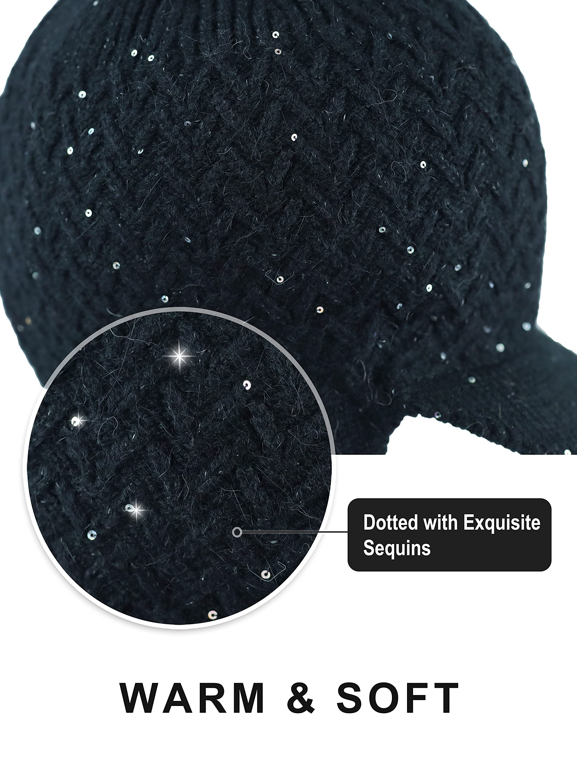 Koreshion Women Winter Beanie Hat with Faux Fur Pom Warm Earflap Sequins Knit Hat with Brim Black