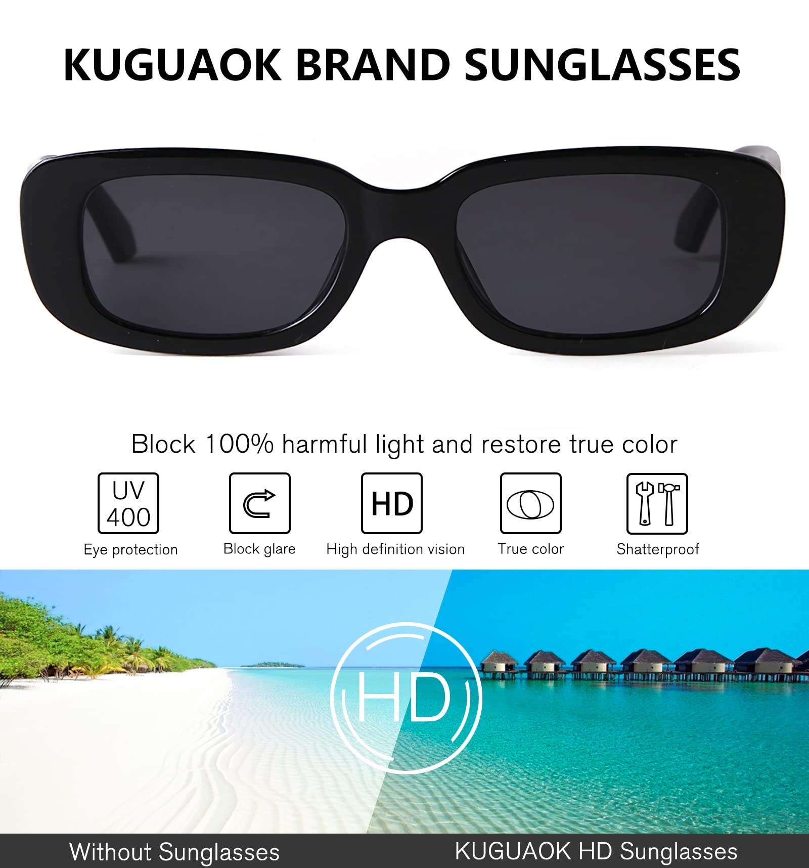 KUGUAOK Trendy Rectangle Sunglasses for Women Retro Small Square Sun Glasses UV 400 Protection Travel Goggles 3/4PACK