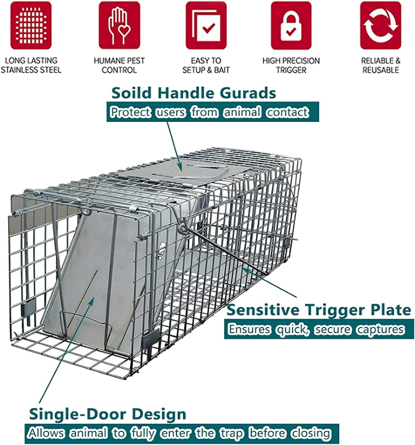 Humane Mouse Traps Indoor for Home, Heavy Duty Squirrel Trap Large Cage Trap for Live Animals, Squirrel, Raccoon, Galvanised Mesh Live-Catch Trap, Easy Installation and Use, 24" X 7.5" X 8.3"