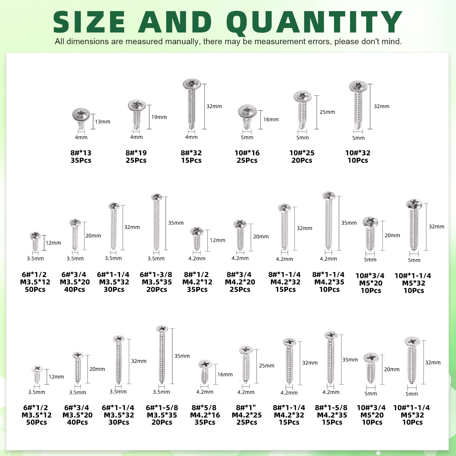 Keadic 620 Pcs 304 Stainless Steel #6#8#10 Self Tapping Screws Assortment Set Contains Round Head & Philips Flat Head & Wafer Head Self Drilling Screw Sheet Metal Screws