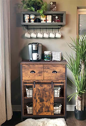 MAISON ARTS Industrial Coffee Bar Cabinet - Sideboard Buffet with 2 Drawers&Sliding Barn Door, Storage Cabinet for Kitchen Dining Room Living Room