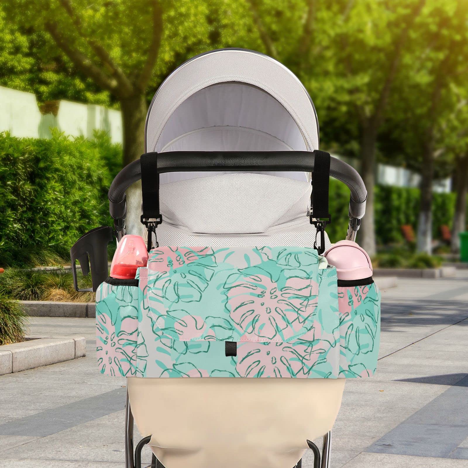 Kigai Monstera Leaf Baby Stroller Organizer with Cup Holders, Secure Hooks Accessories Adjustable Strap Stroller Bag for Bottle, Diaper, Phone, Toys, Baby Items