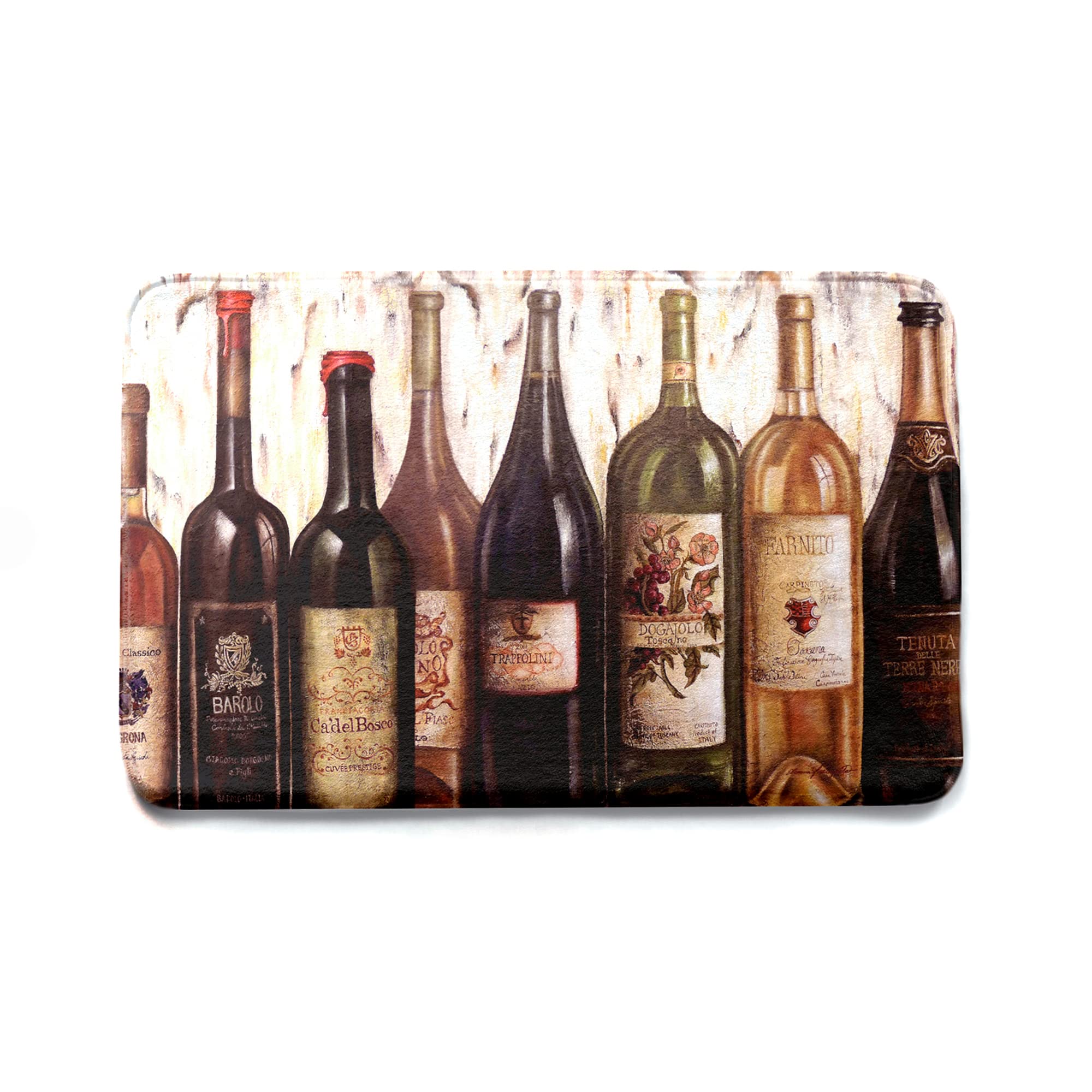 Italian Wine Kitchen Mat & Hand Towel Set (2-Piece Set) - Fine Art Print Kitchen Floor Mat - Microfiber Polyester Decorative Kitchen Towels - Soft Flannel Top, Memory Foam Machine Washable Kitchen Set