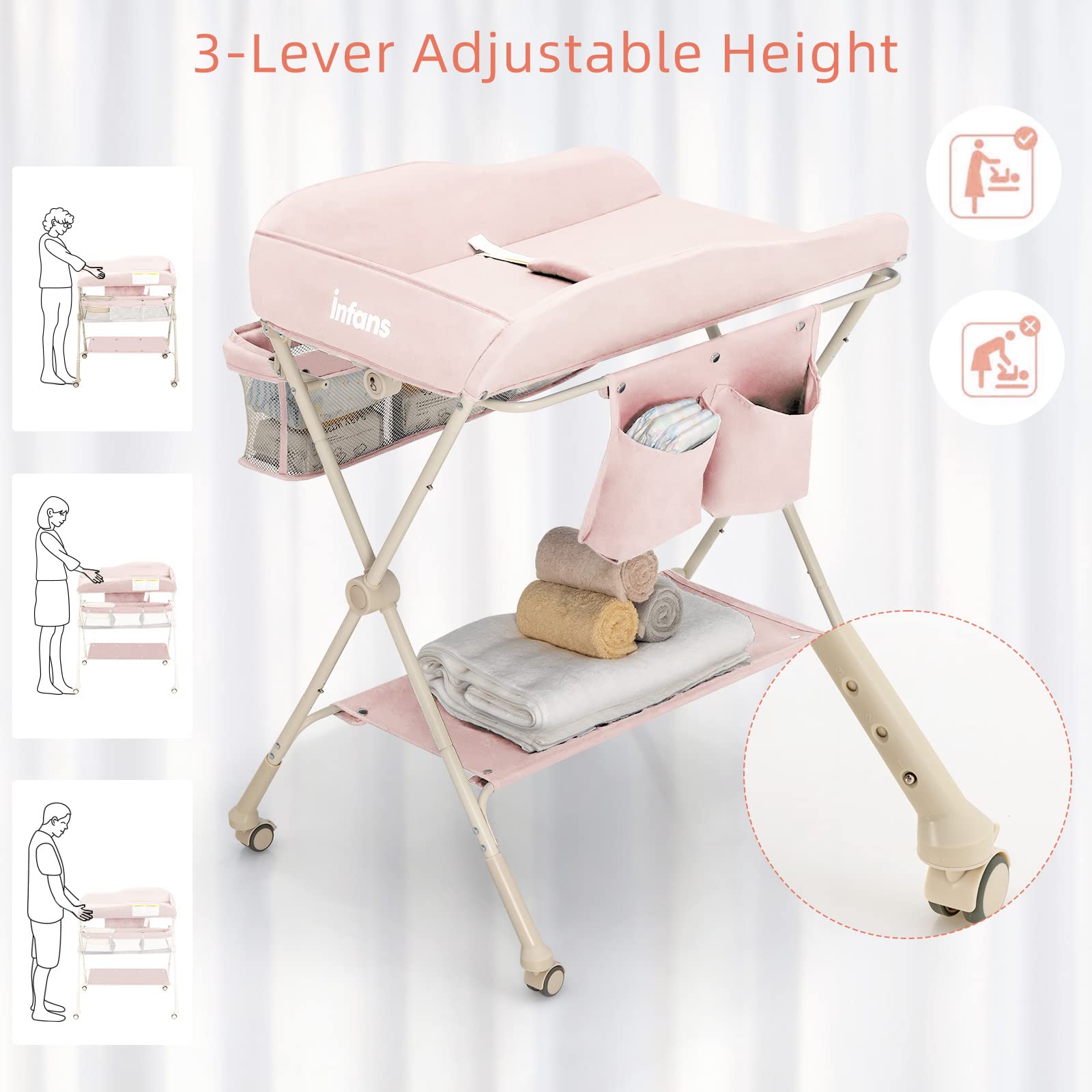 INFANS Portable Baby Changing Table, Folding Diaper Dresser Station with Wheels, Adjustable Height, Safety Belt, Drying and Storage Rack, Mobile Nursery Organizer Stand for Newborn Infant (Pink)
