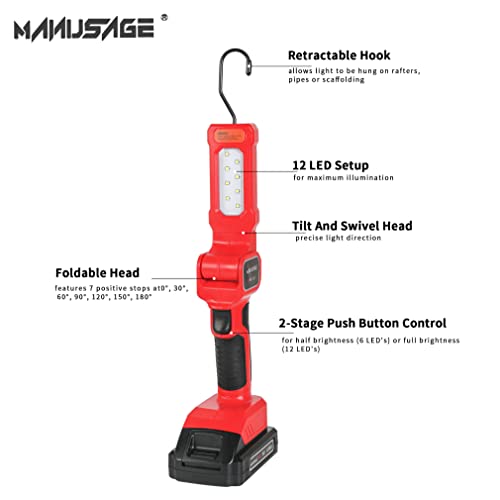 MANUSAGE 3/8" 20V Cordless Electric Ratchet Wrench, 44.25 Ft-lbs,380RPM, with 2 x 2.0A rechargeable lithium ion batteries,Charger and 20V Lithium-Ion LED work light
