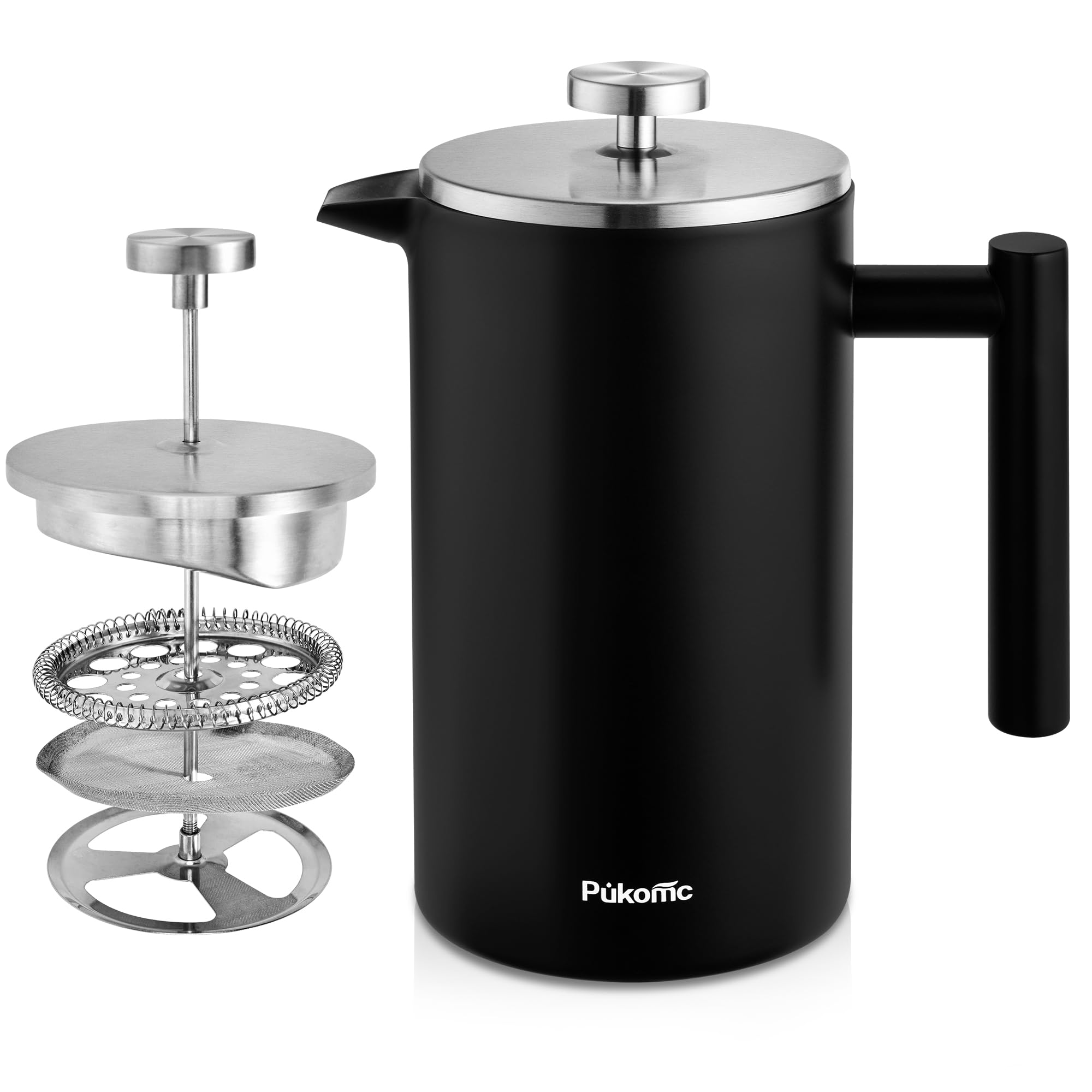 Pukomc French Press Coffee Maker, 34oz (1 Litre) Coffee Press with Double Wall Vacuum Insulated & 304 Grade Stainless Steel,Black
