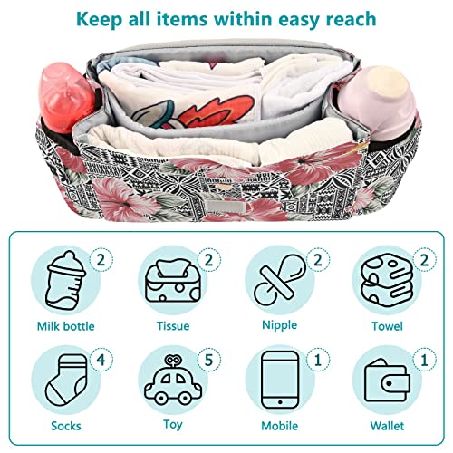 Kigai Hibiscus and Hawaiian Tribal Baby Stroller Organizer with Cup Holders, Secure Hooks Accessories Adjustable Strap Stroller Bag for Bottle, Diaper, Phone, Toys, Baby Items
