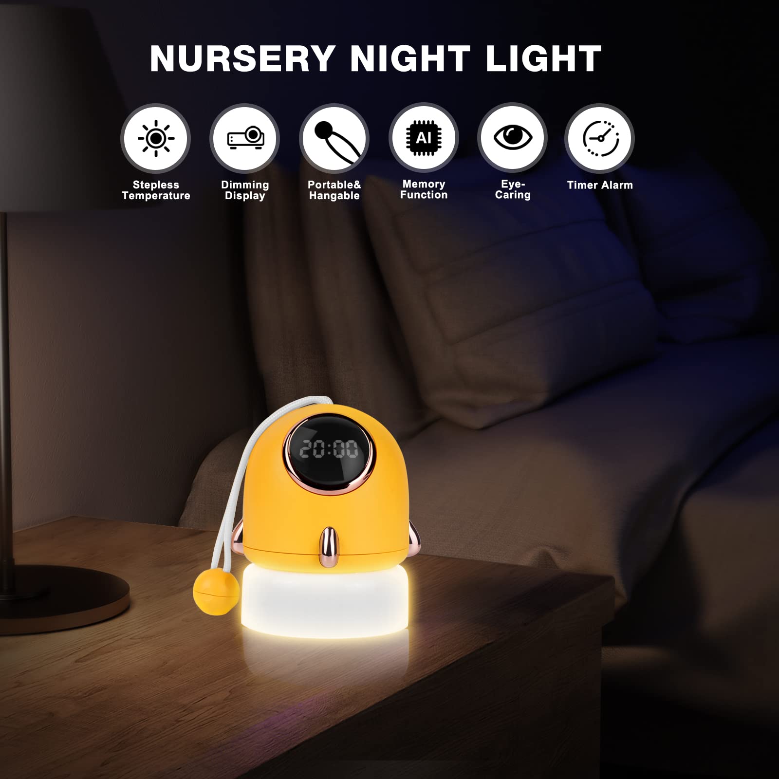 kathluce Cute Night Light for Kids Room, Nursery Lamp Rechargeable, LED Night Light for Baby Bedroom, Multifunctional Wake Up Start Light, Projector & Timer Clock, Birthday Gift (Yellow)