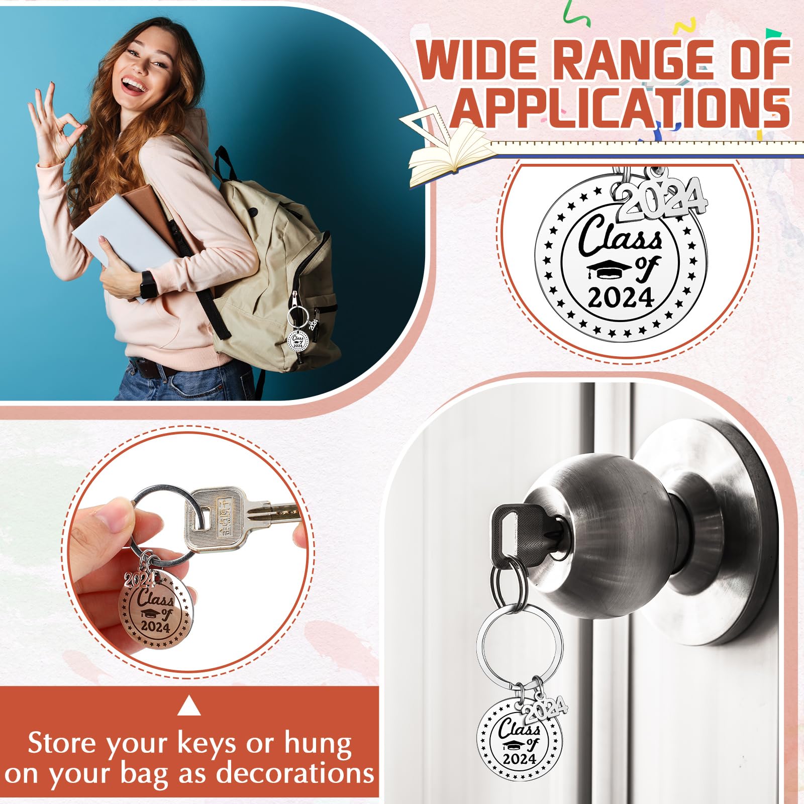 Kigeli 30 Pcs Class of 2024 Keychain Graduation Gift Keychain Bulk Inspirational Key Chain for Senior High School College (Simple)