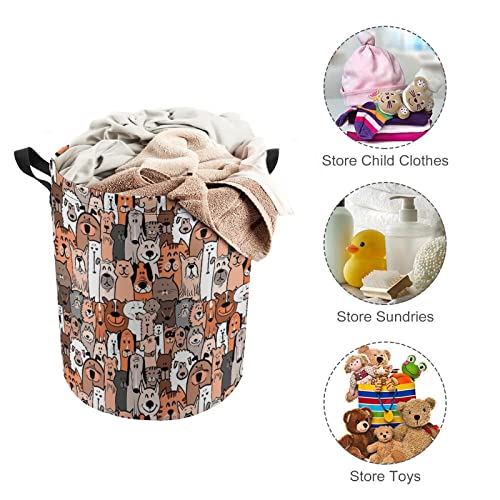 Many Dogs and Cats Laundry Basket Round Collapsible Storage Bin with Drawstring and Handle for Bedroom Bathroom Toys Room 17.3" X 13.8"