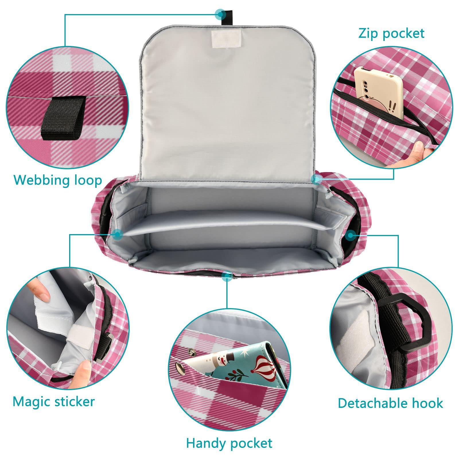 Kigai Pink Buffalo Plaid Baby Stroller Organizer with Cup Holders, Secure Hooks Accessories Adjustable Strap Stroller Bag for Bottle, Diaper, Phone, Toys, Baby Items