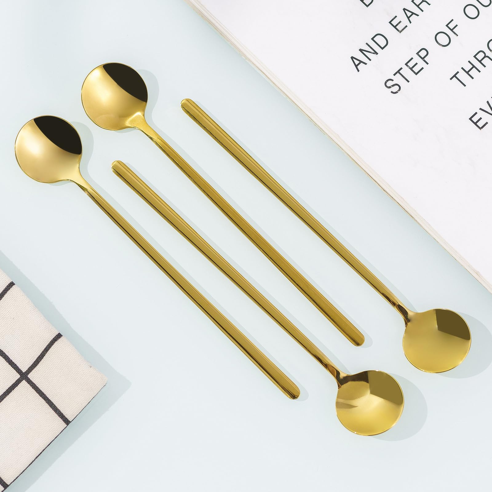 Mosuji 4 pcs 304 Stainless Steel Coffee Spoons - 6.7 Inches, Long Handle Gold Teaspoons, Ice Tea Spoons, Gold Espresso Spoons Gold Spoons