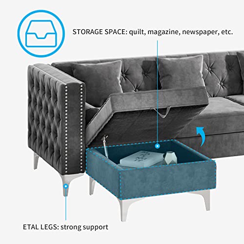 Mjkone Convertible Sectional Sofa for Living Room, Velvet Upholstered L-Shaped Sofa with Throw Cushion & Bolster Cushion, Ottoman for Storage, Button Tufted & Nailhead Trim for Apartment - Grey