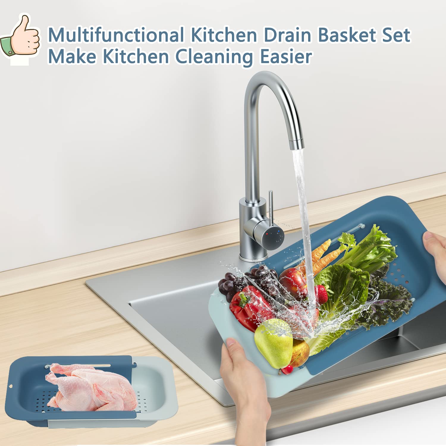 KanYool Over the Sink Strainer Colander Basket Collapsible Extendable Kitchen Food Fruits Vegetables Noodle Pasta Sink Drain Basket Retractable Plastic Adjustable Strainer Over Sink Washing Basket